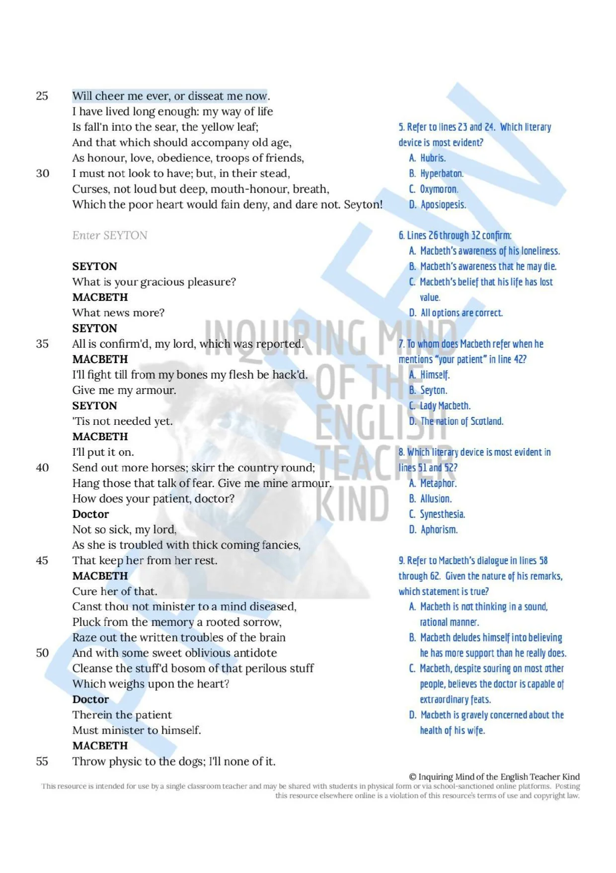 Macbeth Act 5 Quiz and Close Reading Worksheets Bundle by Inquiring ...