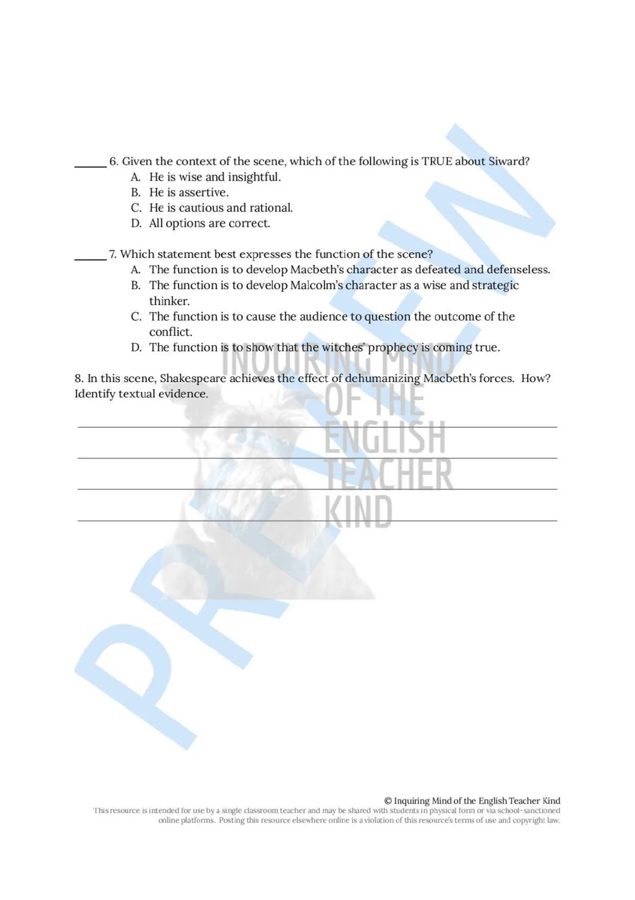 Macbeth Act 5 Quiz and Close Reading Worksheets Bundle by Inquiring ...