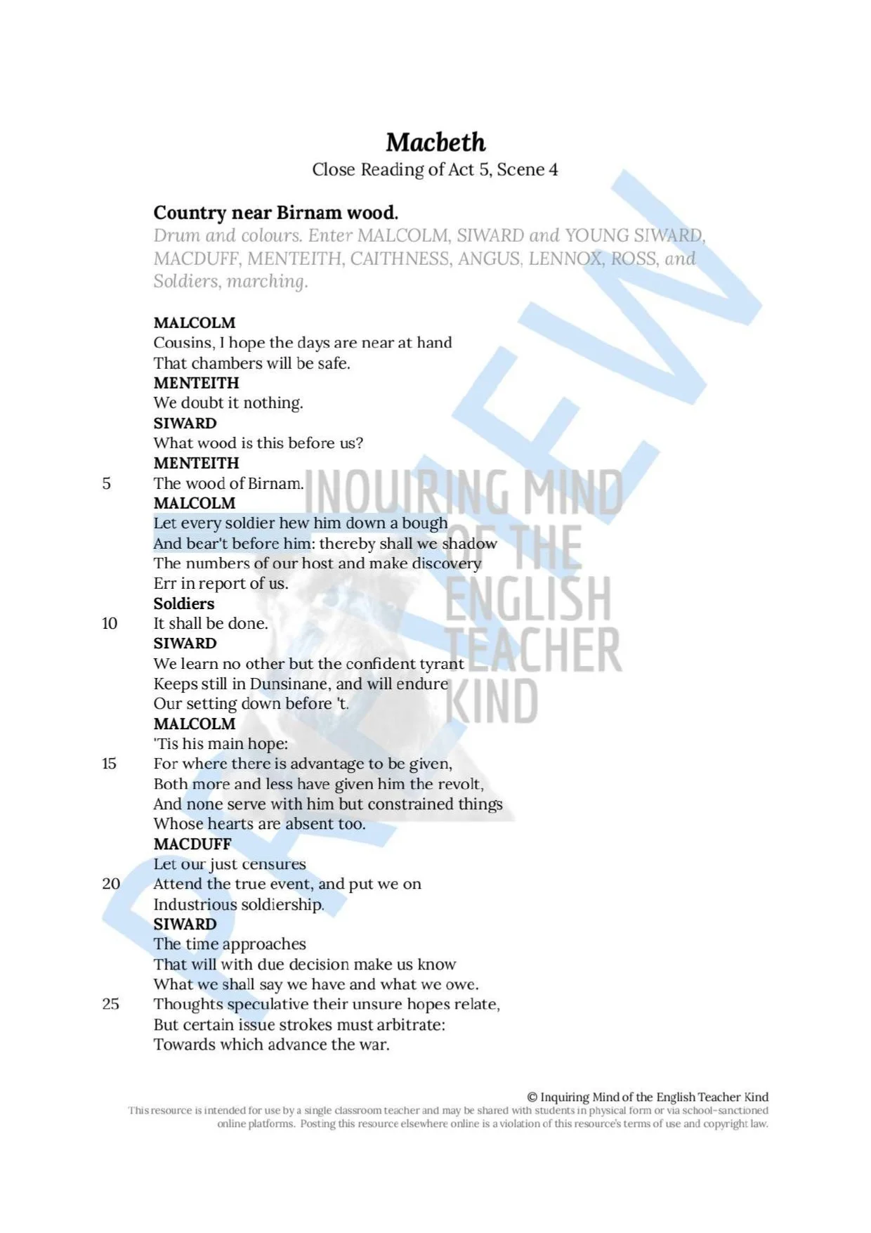 Macbeth Act 5 Quiz and Close Reading Worksheets Bundle by Inquiring ...