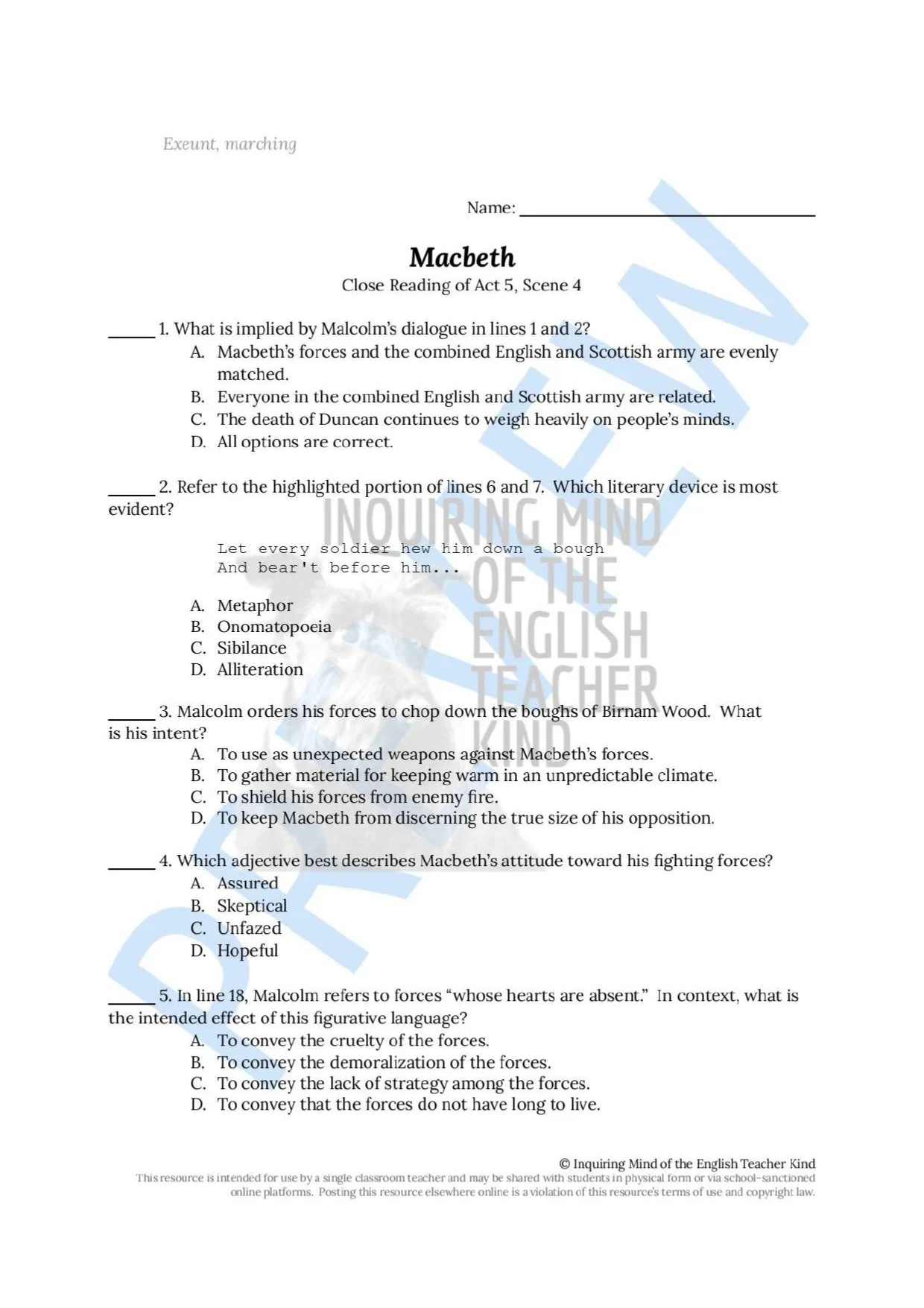 Macbeth Act 5 Quiz and Close Reading Worksheets Bundle by Inquiring ...