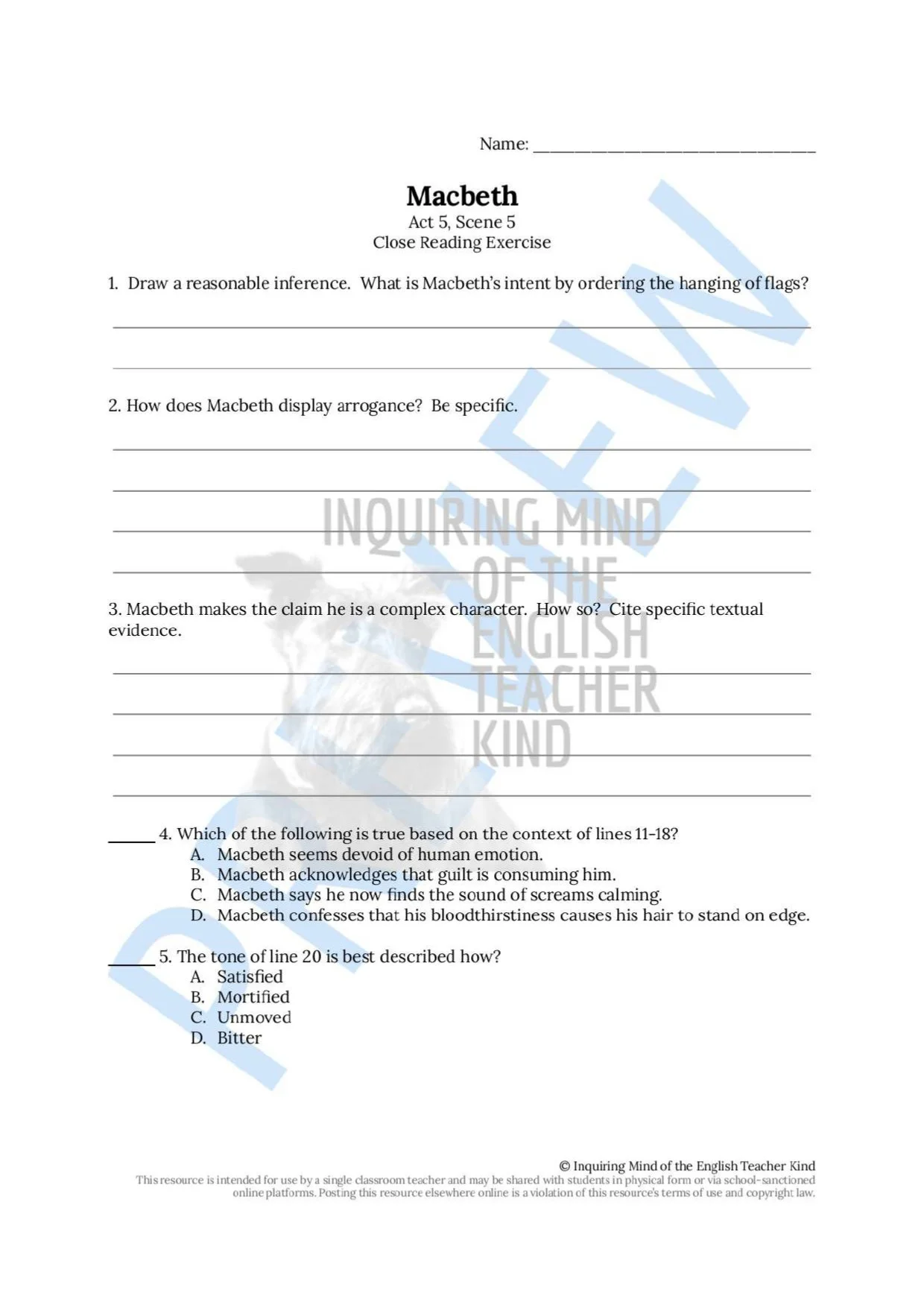 Macbeth Act 5 Quiz and Close Reading Worksheets Bundle by Inquiring ...