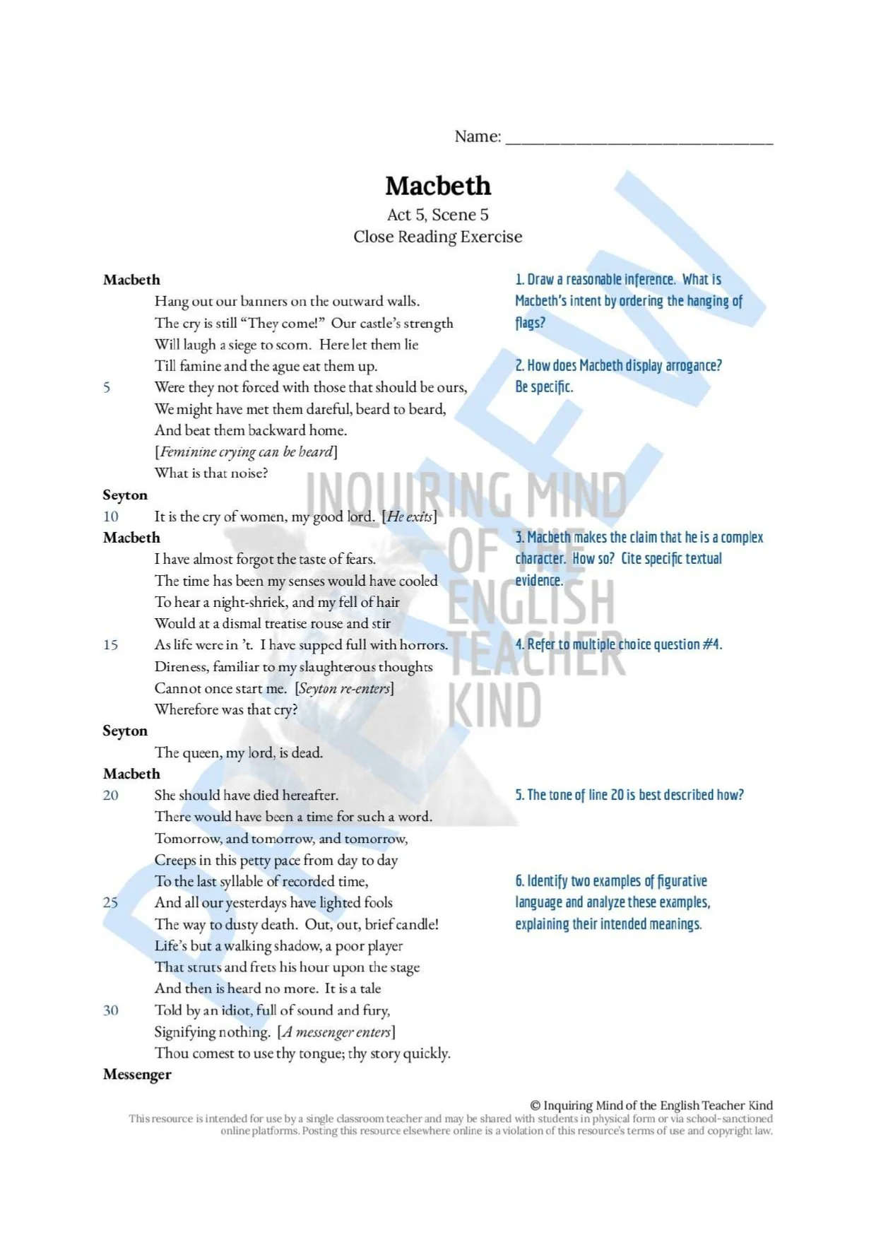 Macbeth Act 5 Quiz and Close Reading Worksheets Bundle by Inquiring ...