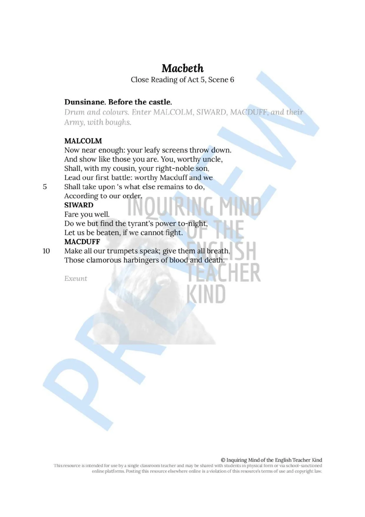 Macbeth Act 5 Quiz and Close Reading Worksheets Bundle by Inquiring ...
