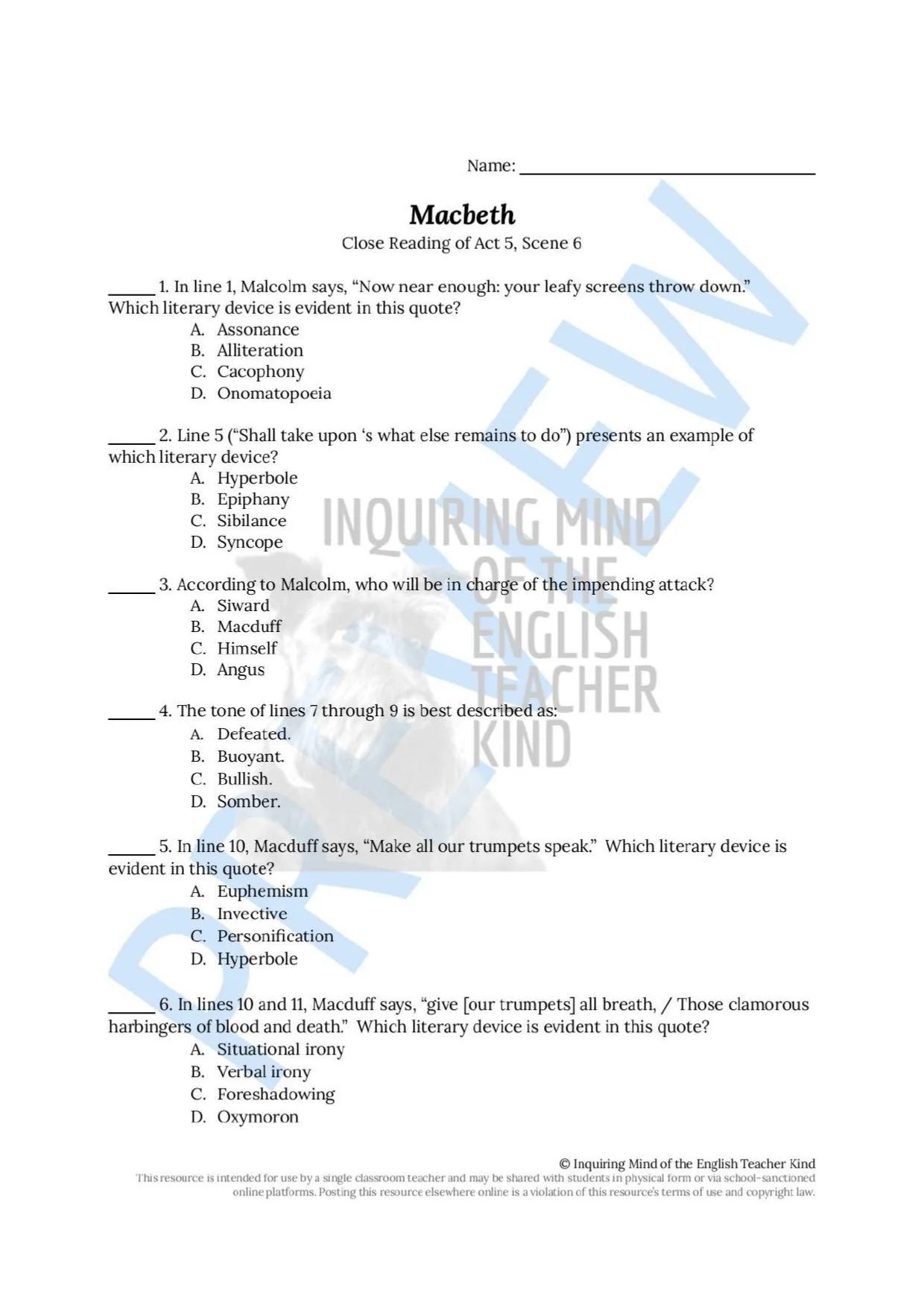 Macbeth Act 5 Quiz and Close Reading Worksheets Bundle by Inquiring ...