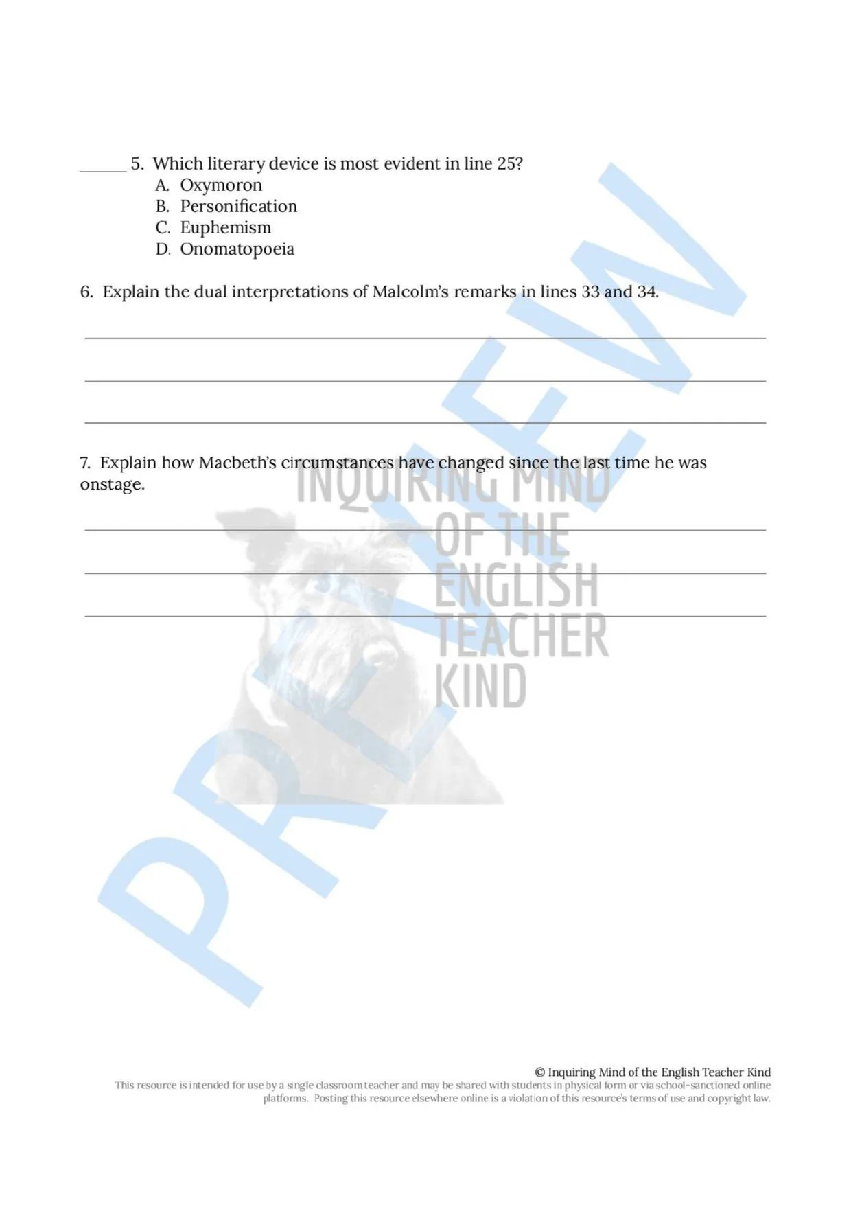 Macbeth Act 5 Quiz and Close Reading Worksheets Bundle by Inquiring ...