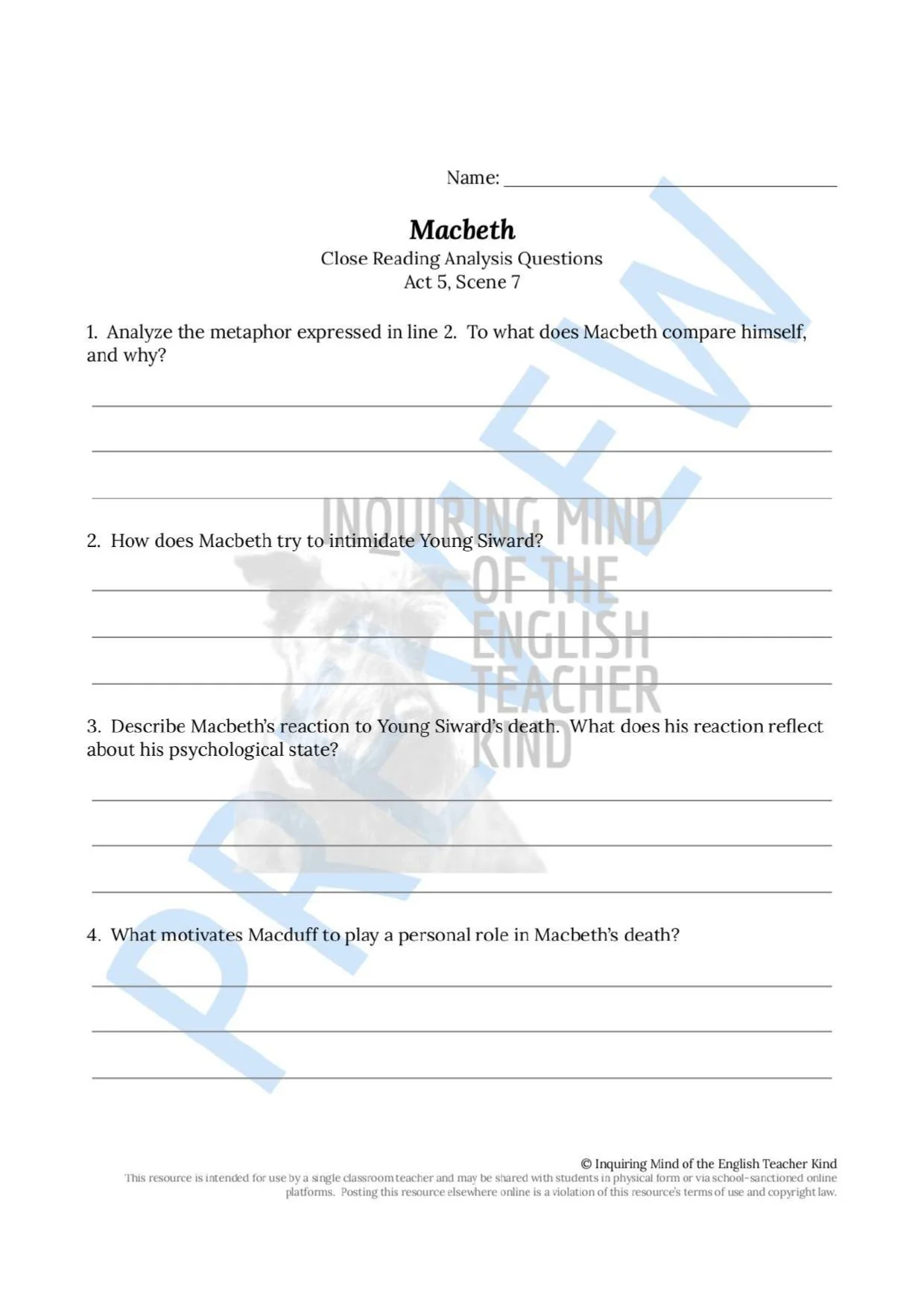 Macbeth Act 5 Quiz and Close Reading Worksheets Bundle by Inquiring ...