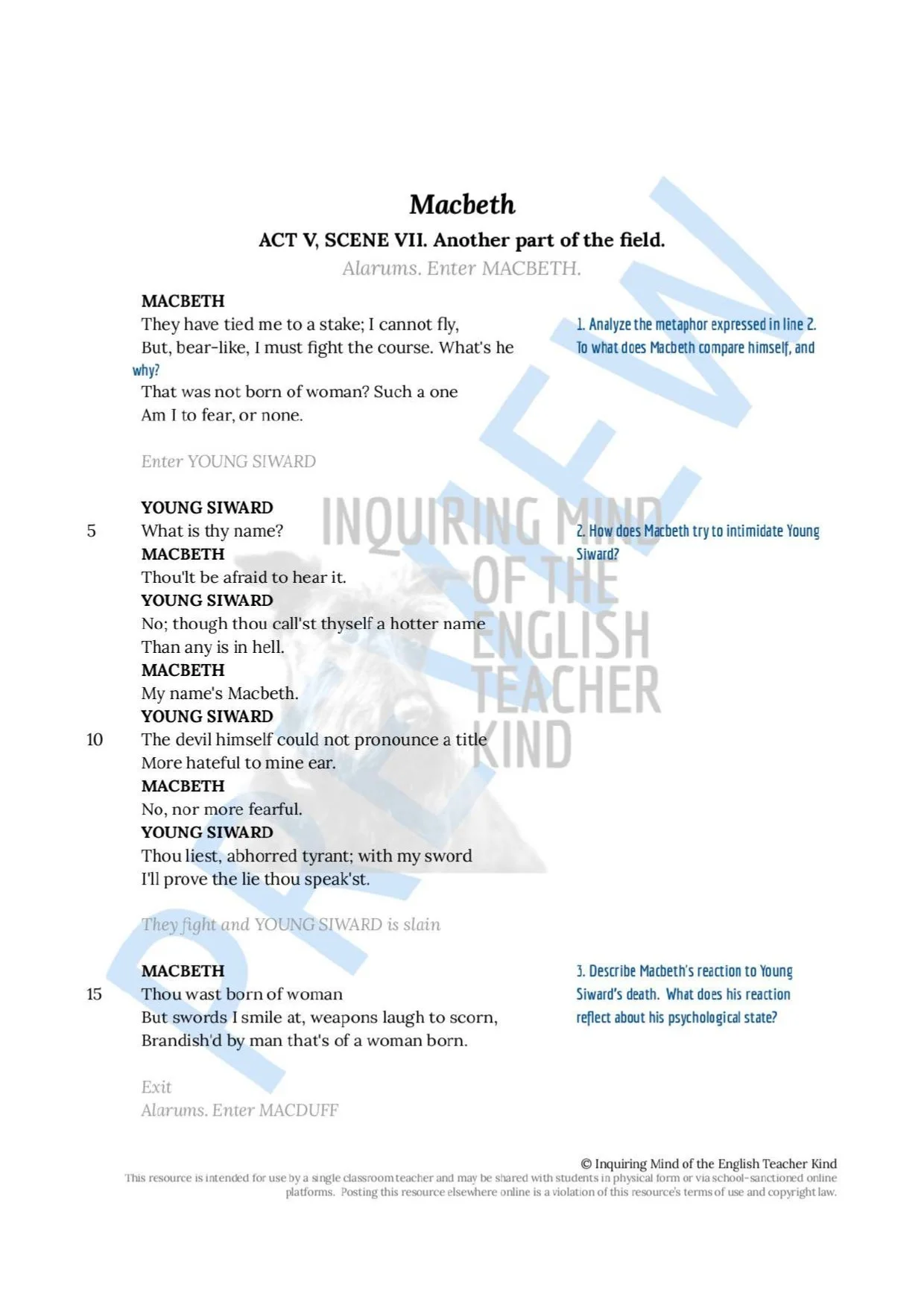 Macbeth Act 5 Quiz and Close Reading Worksheets Bundle by Inquiring ...