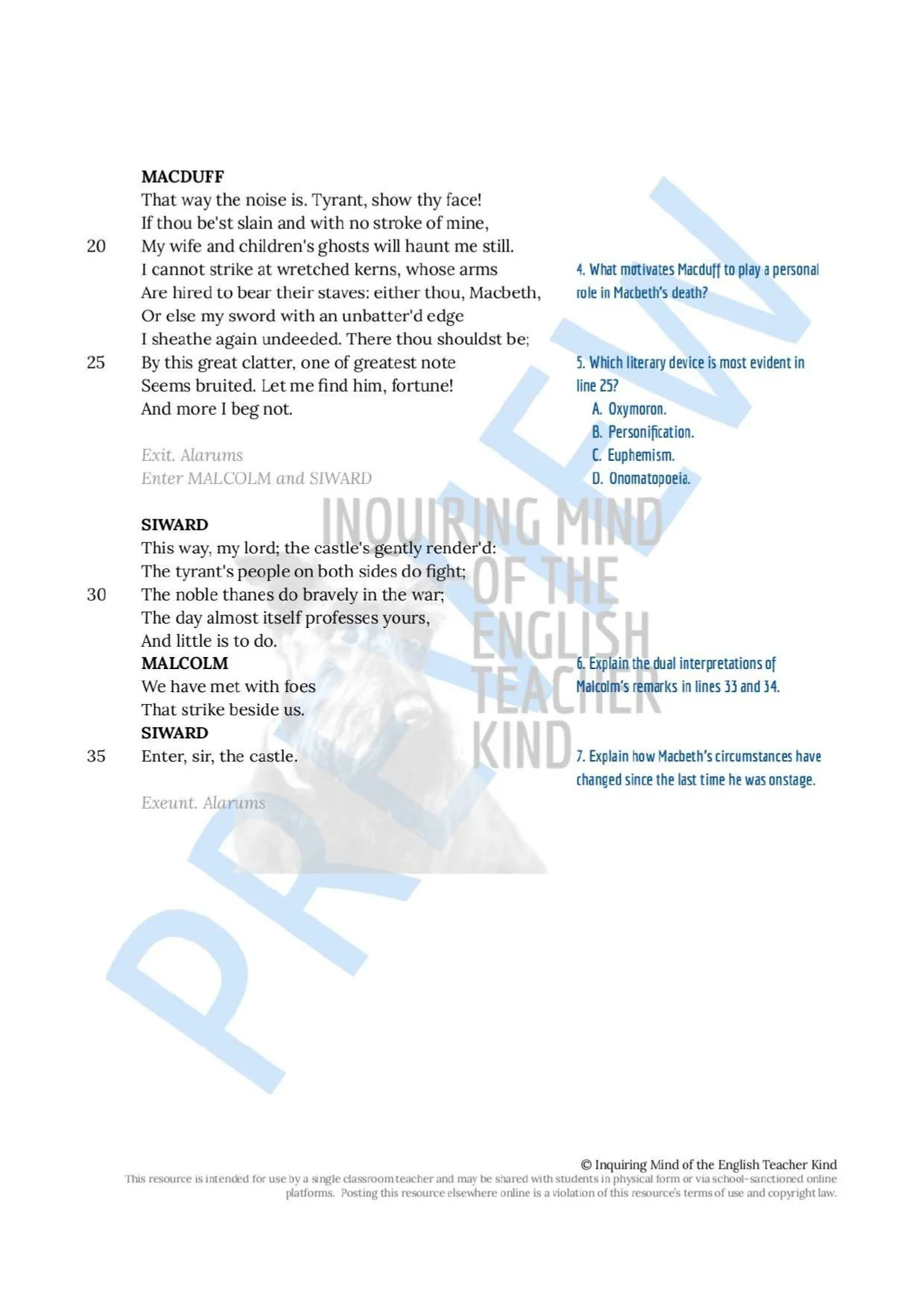 Macbeth Act 5 Quiz and Close Reading Worksheets Bundle by Inquiring ...