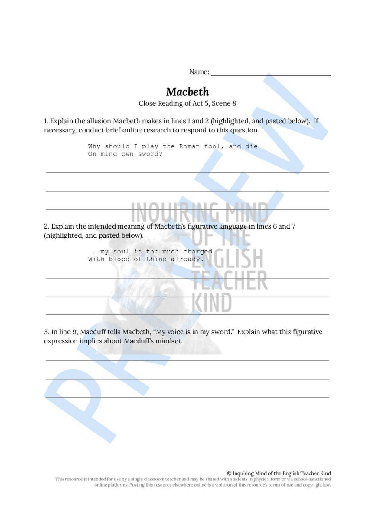Macbeth Act 5 Quiz and Close Reading Worksheets Bundle by Inquiring ...