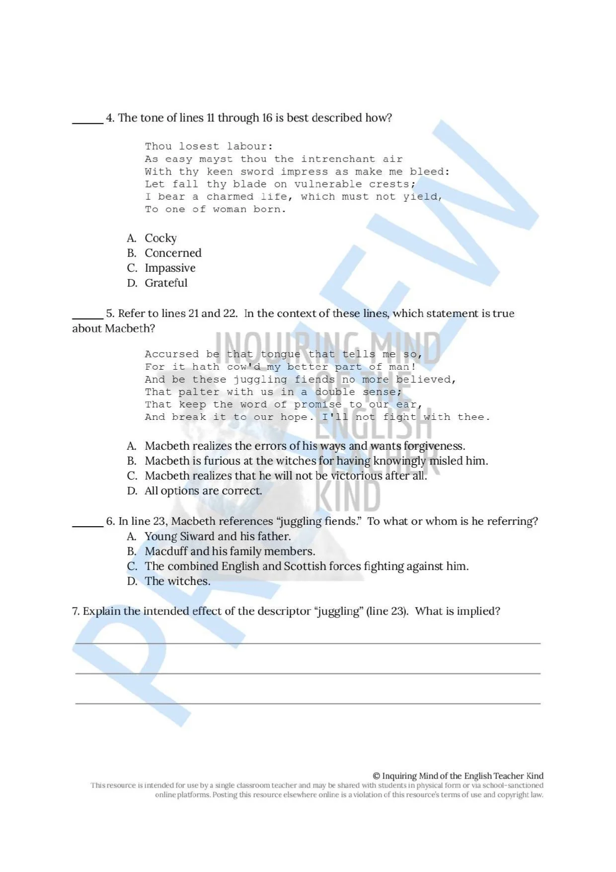 Macbeth Act 5 Quiz and Close Reading Worksheets Bundle by Inquiring ...
