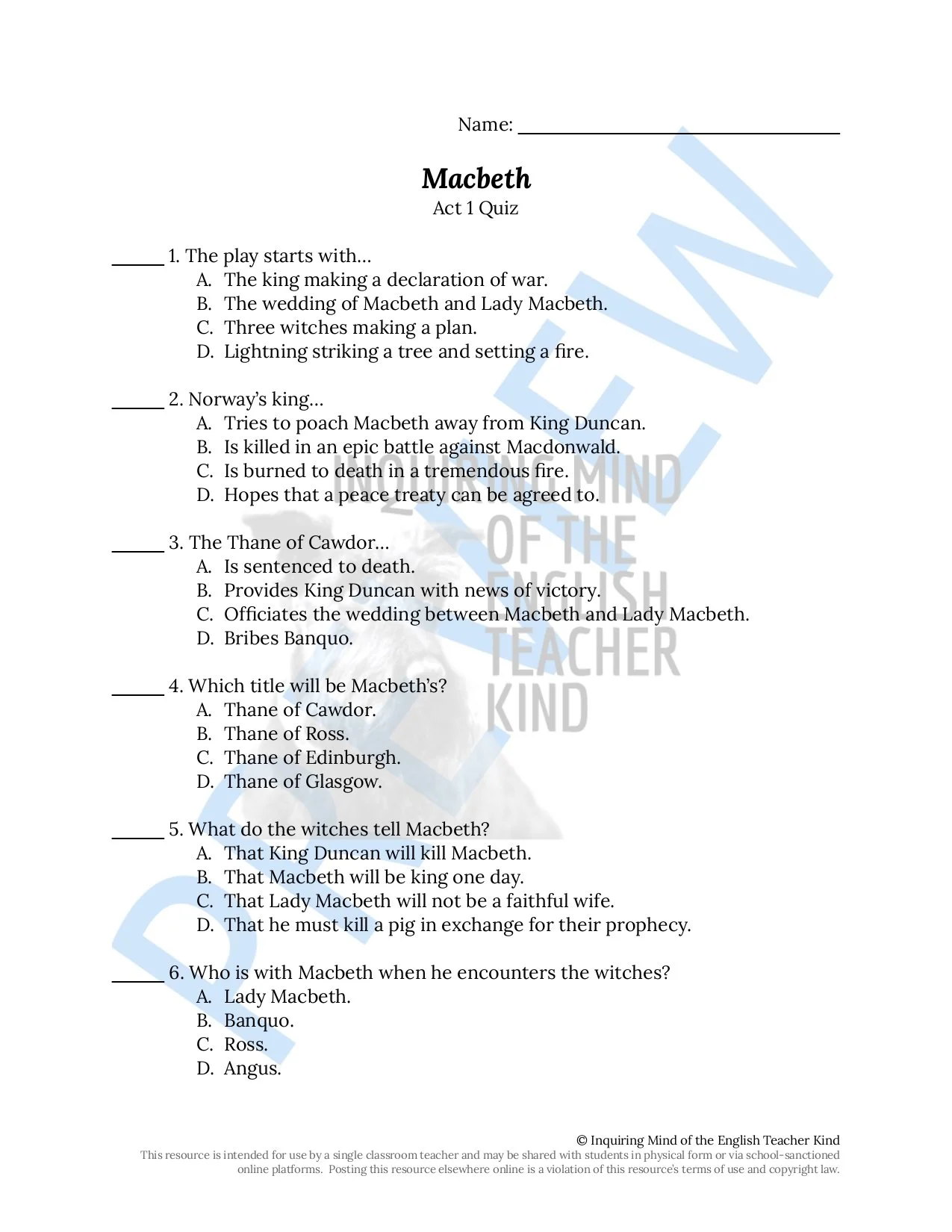 Macbeth Quiz and Answer Key Bundle by Inquiring Mind of the English ...