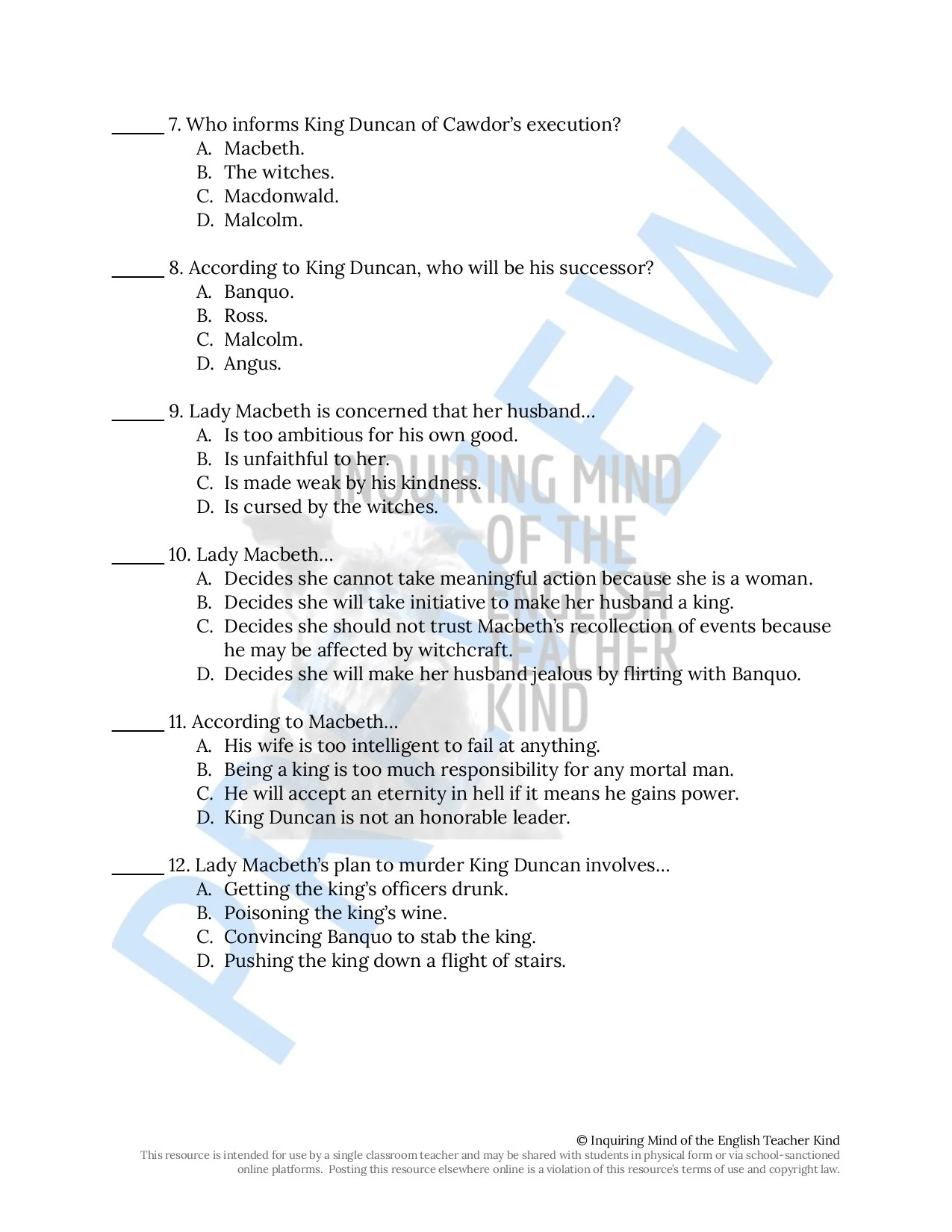 Macbeth Quiz and Answer Key Bundle by Inquiring Mind of the English ...