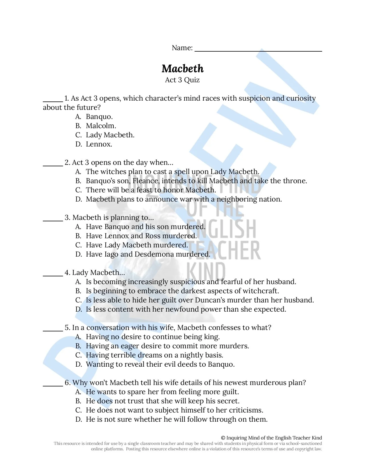 Macbeth Quiz and Answer Key Bundle by Inquiring Mind of the English ...