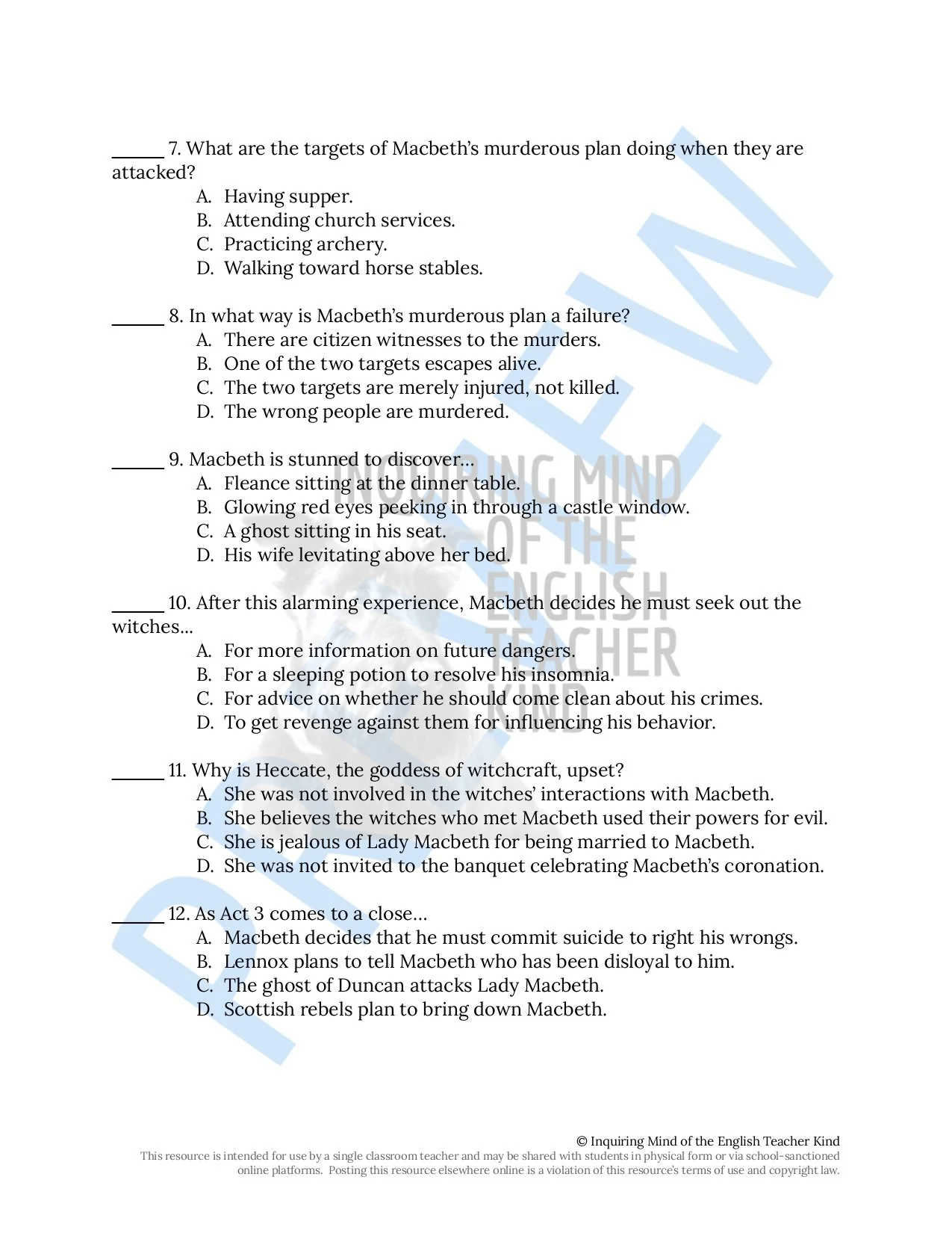 Macbeth Quiz and Answer Key Bundle by Inquiring Mind of the English ...
