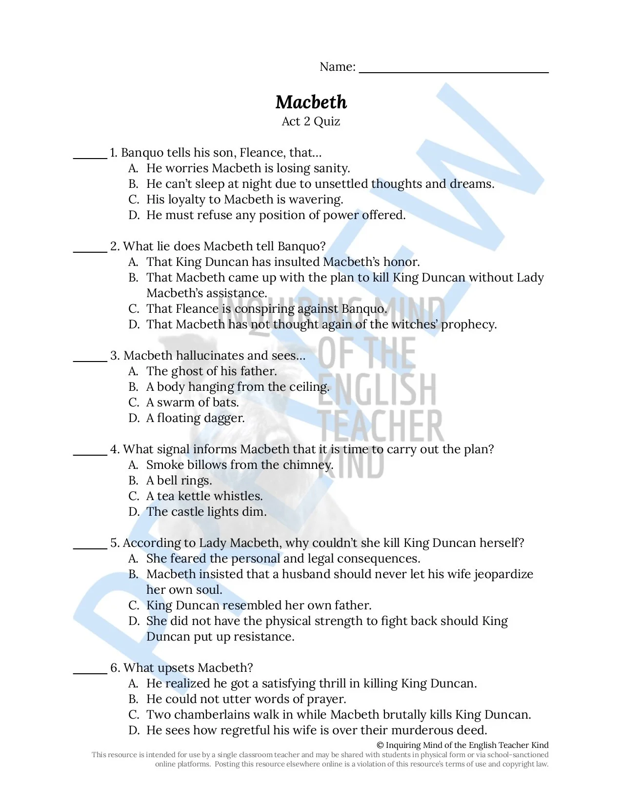 Macbeth Quiz and Answer Key Bundle by Inquiring Mind of the English ...