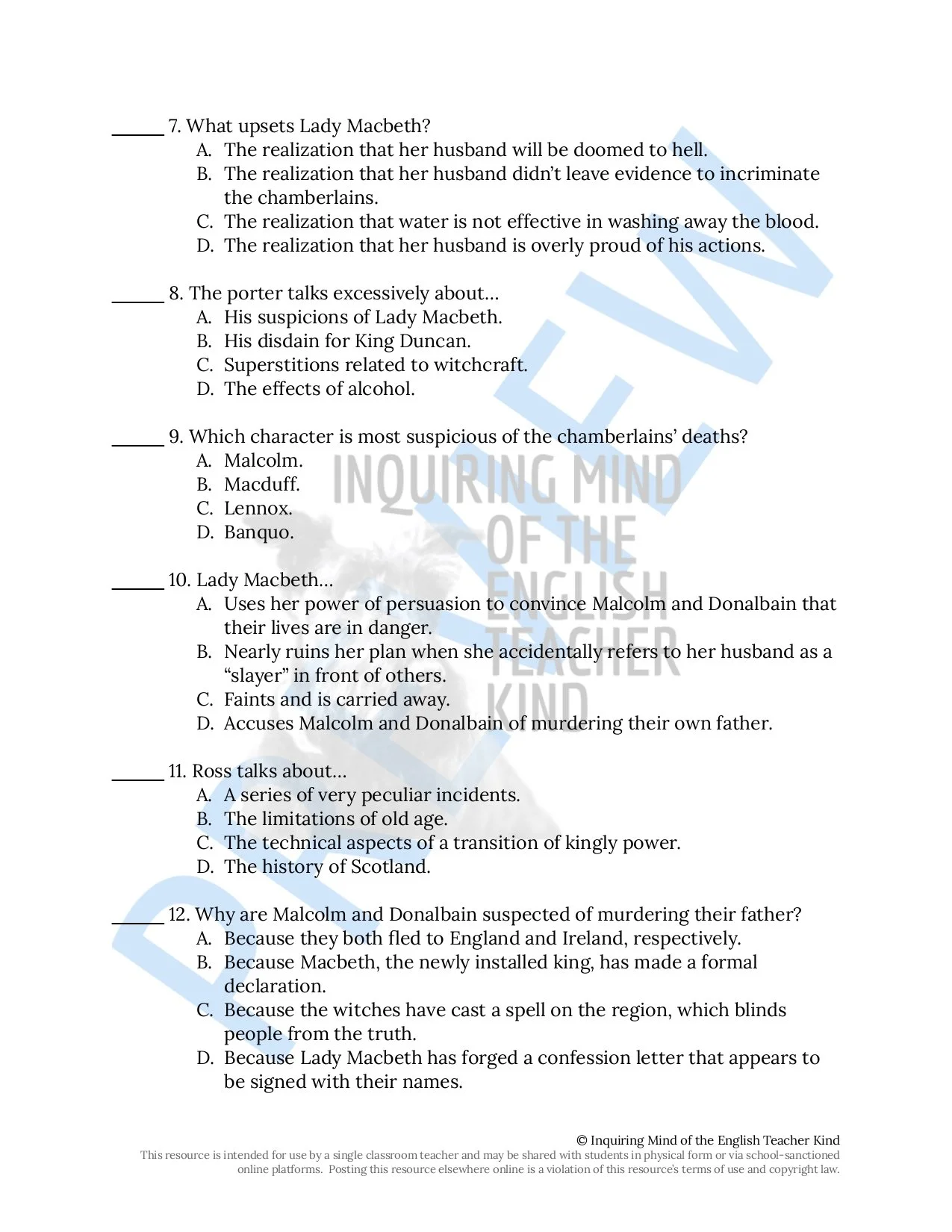 Macbeth Quiz and Answer Key Bundle by Inquiring Mind of the English ...