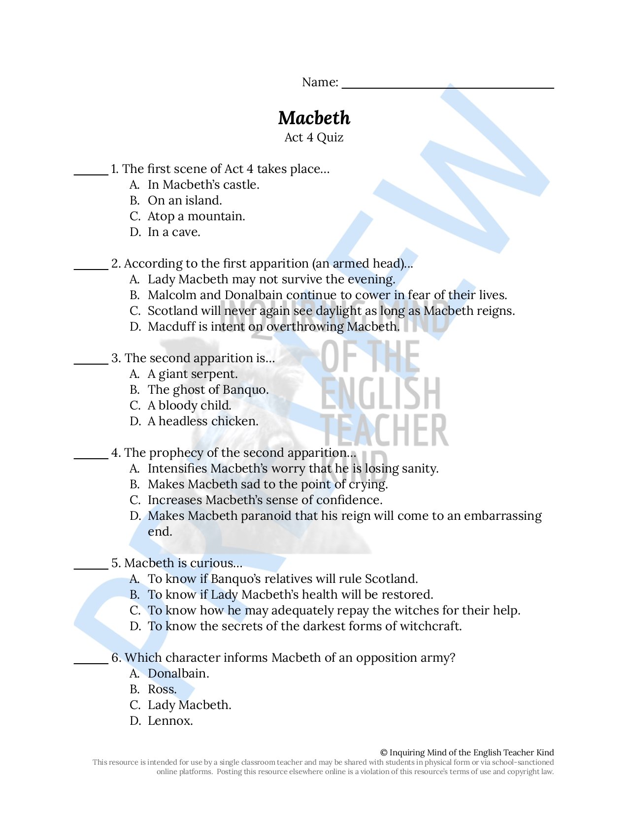 Macbeth Quiz and Answer Key Bundle by Inquiring Mind of the English ...