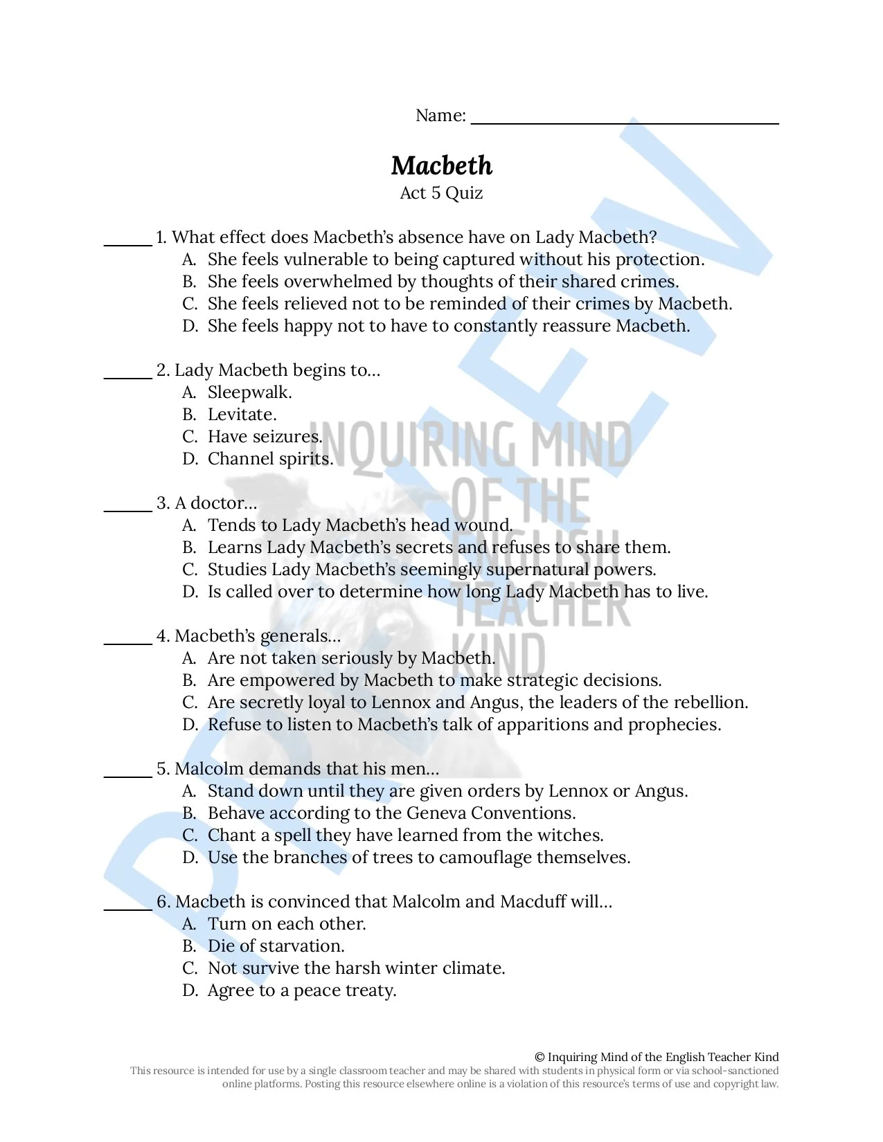 Macbeth Quiz and Answer Key Bundle by Inquiring Mind of the English ...