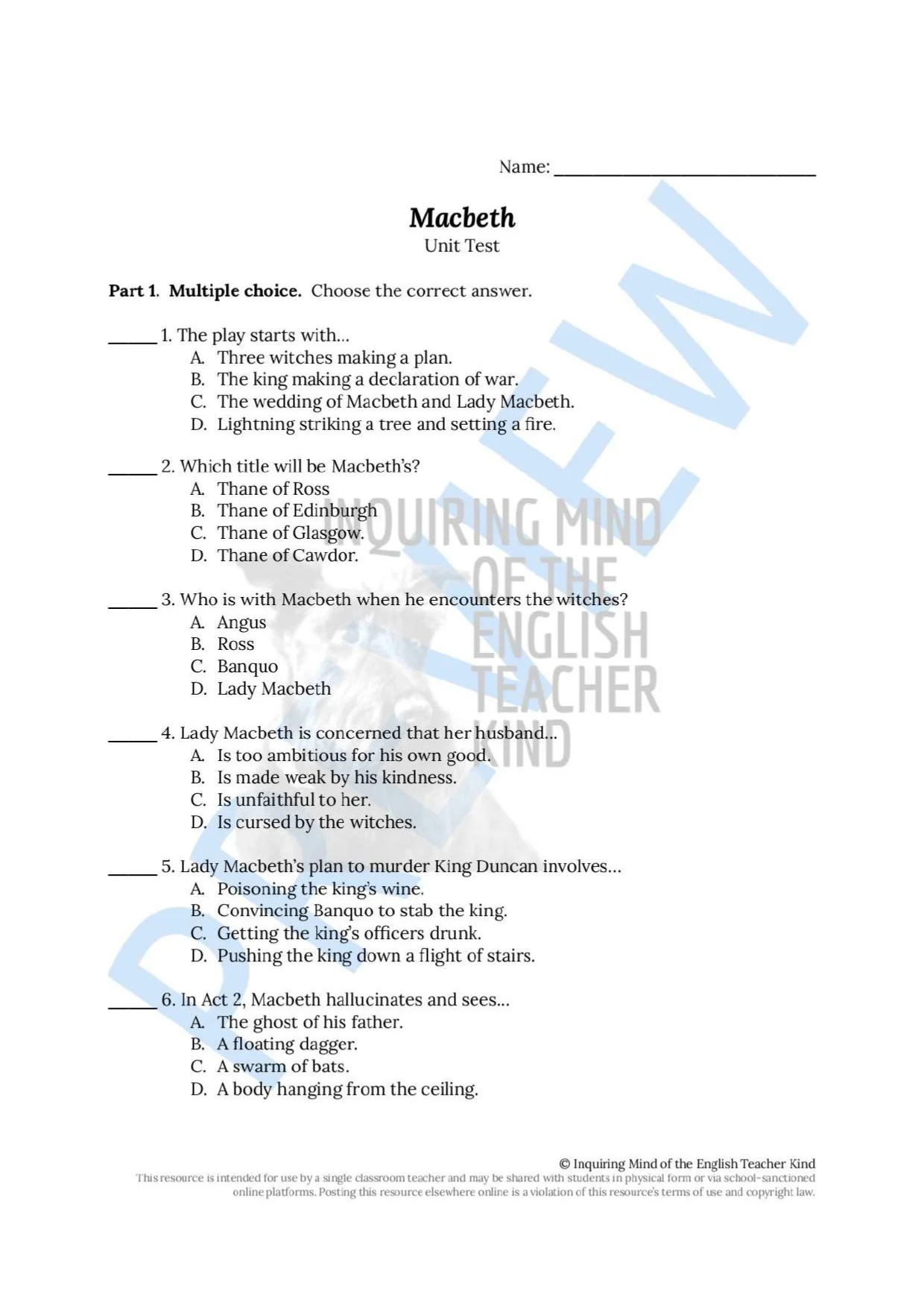 Macbeth Summative Test and Answer Key by Inquiring Mind of the English ...