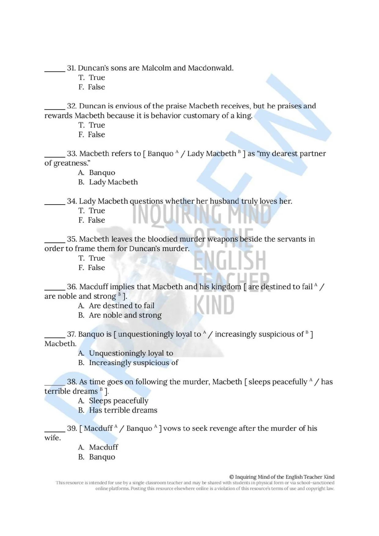 Macbeth Summative Test and Answer Key by Inquiring Mind of the English ...