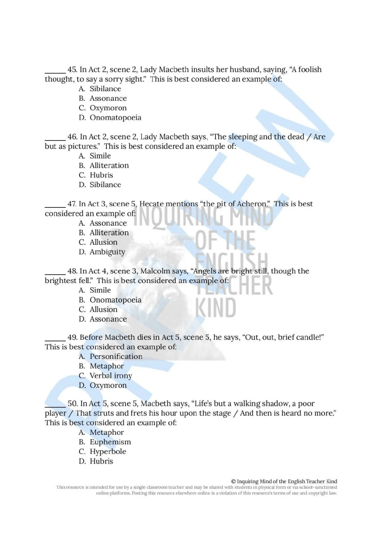 Macbeth Summative Test and Answer Key by Inquiring Mind of the English ...