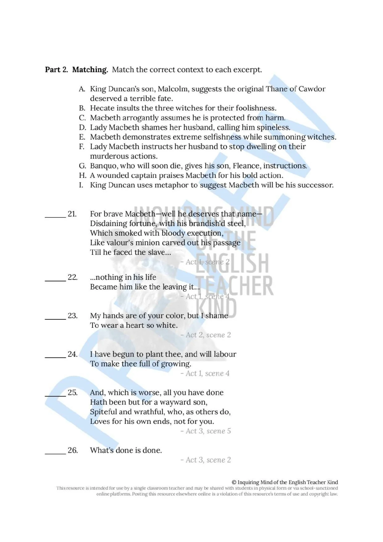 Macbeth Summative Test and Answer Key by Inquiring Mind of the English ...