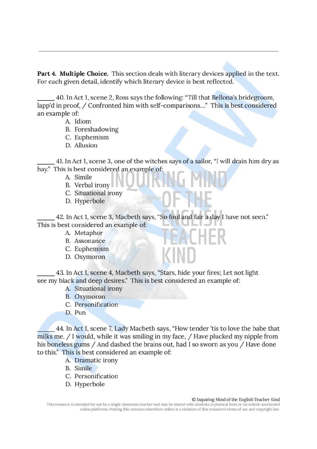 Macbeth Summative Test and Answer Key by Inquiring Mind of the English ...