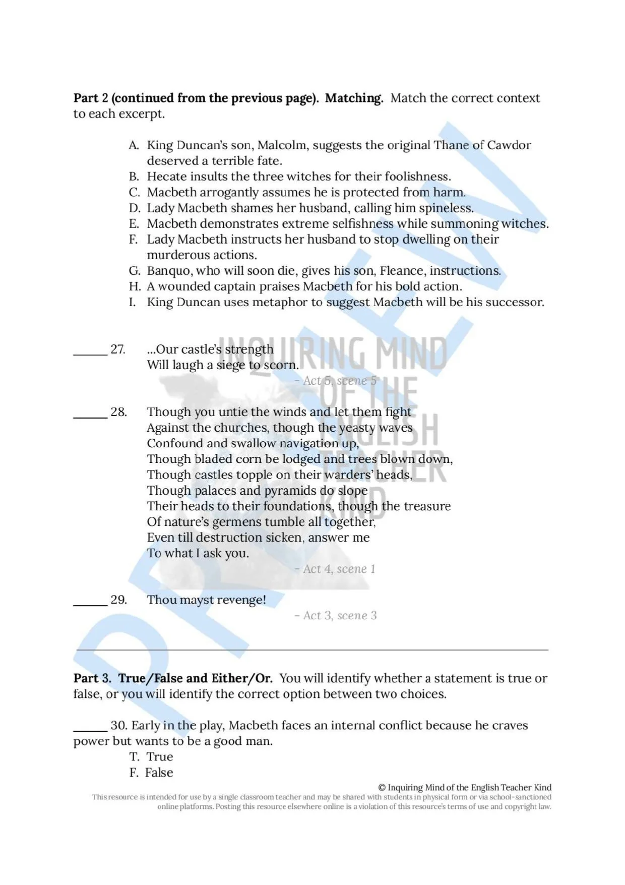 Macbeth Summative Test and Answer Key by Inquiring Mind of the English ...