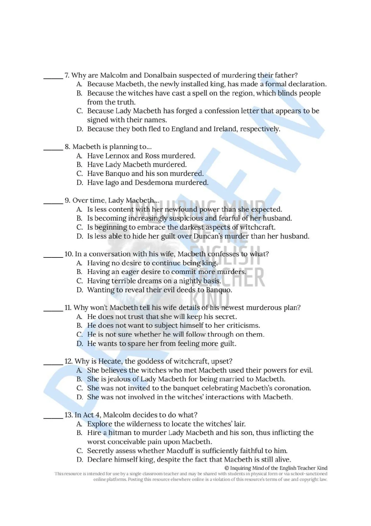 Macbeth Summative Test and Answer Key by Inquiring Mind of the English ...