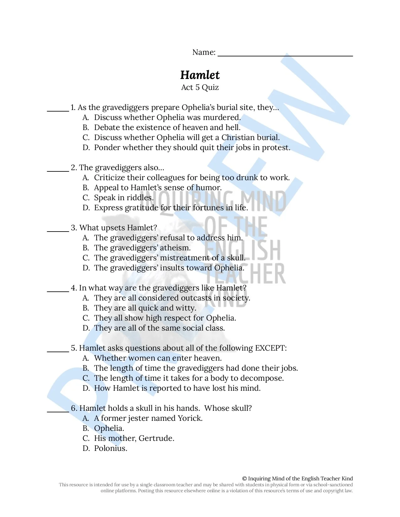 Hamlet Quizzes, Close Reading Worksheets, Vocabulary Games, and Test ...