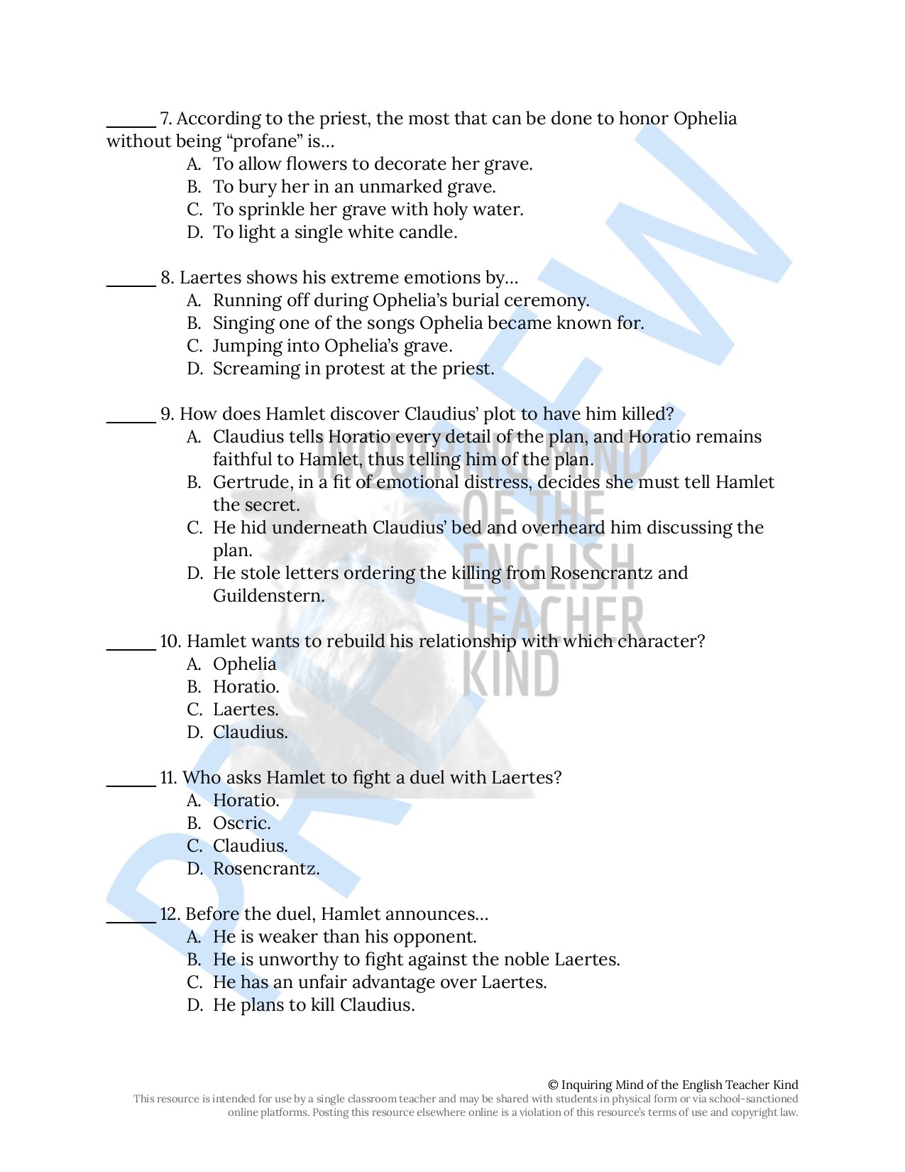 Hamlet Quizzes, Close Reading Worksheets, Vocabulary Games, and Test ...