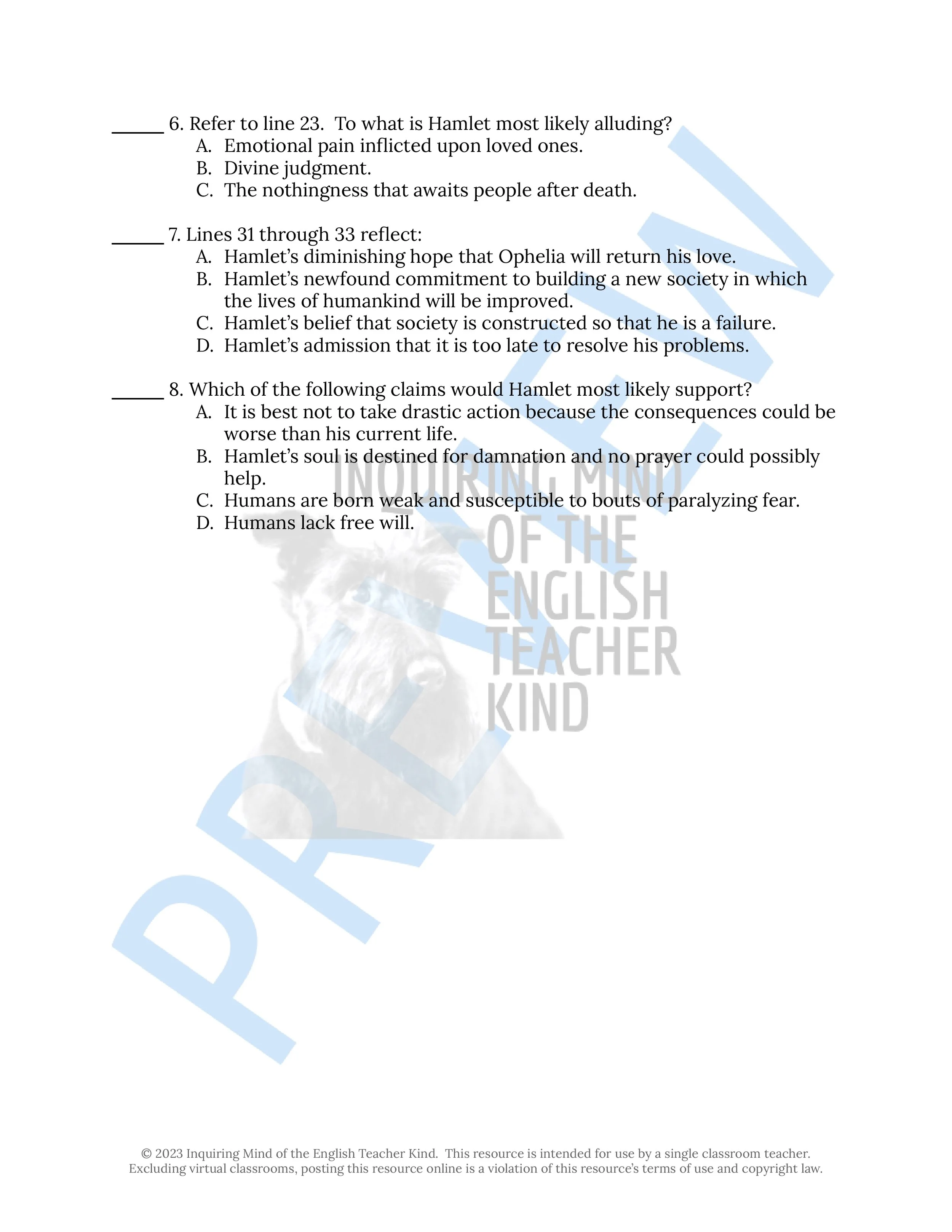 Hamlet Quiz, Close Reading Worksheet, Test, and Answer Key Bundle for ...