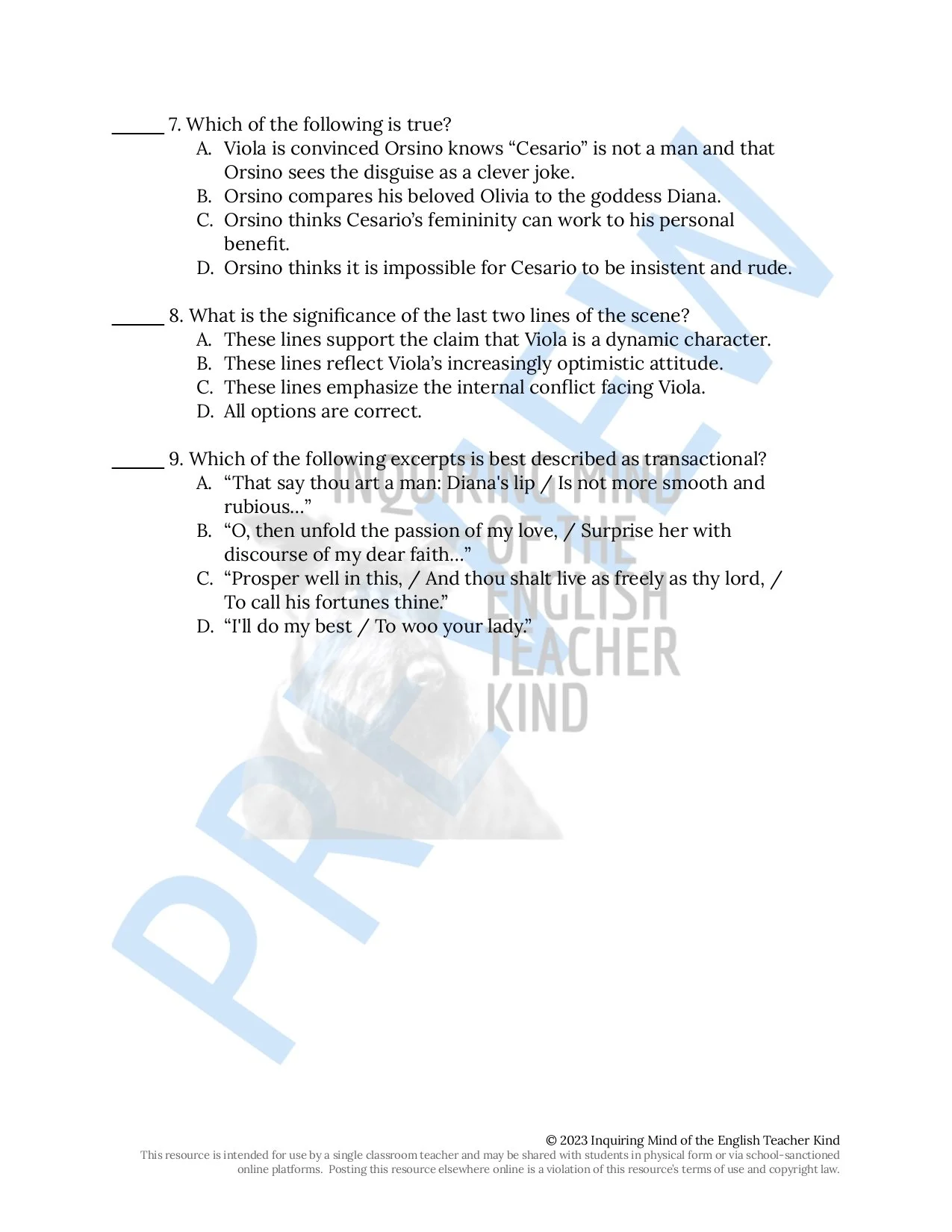 Twelfth Night Act 1 Quiz and Close Reading Worksheets Bundle for High ...