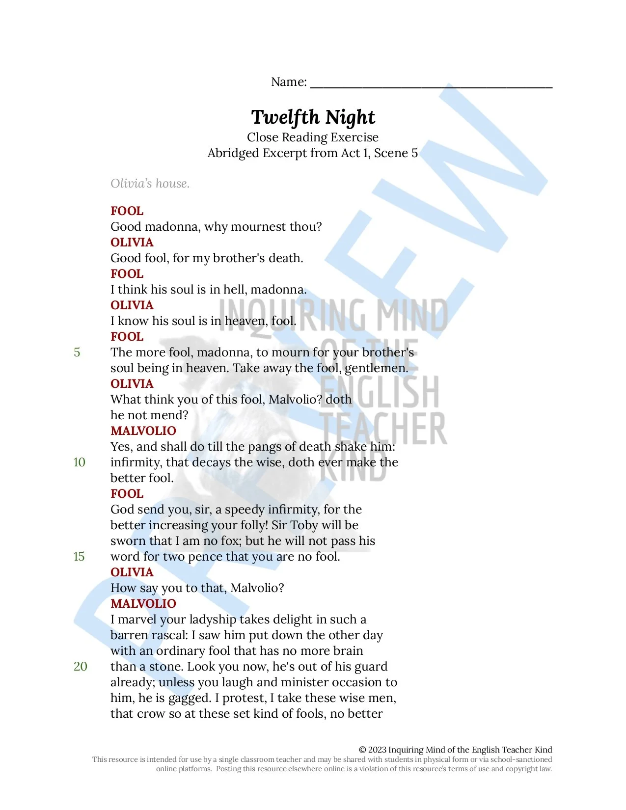 Twelfth Night Act 1 Quiz and Close Reading Worksheets Bundle for High ...
