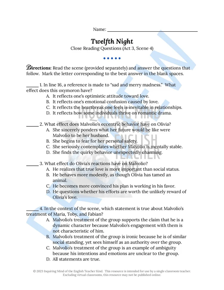 Twelfth Night Close Reading Analysis Worksheets Bundle with Answer Keys ...