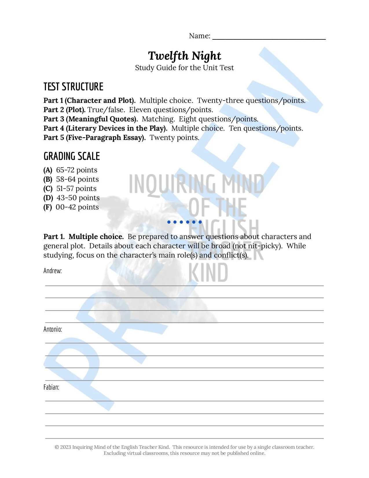 Twelfth Night Test and Answer Key with Study Guide for High School ...