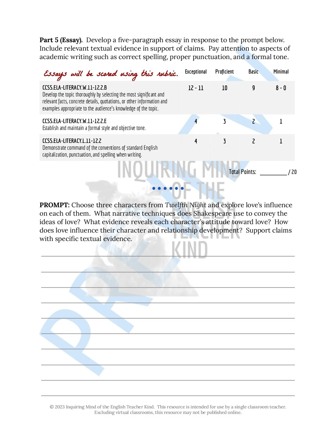 Twelfth Night Test and Answer Key with Study Guide for High School ...