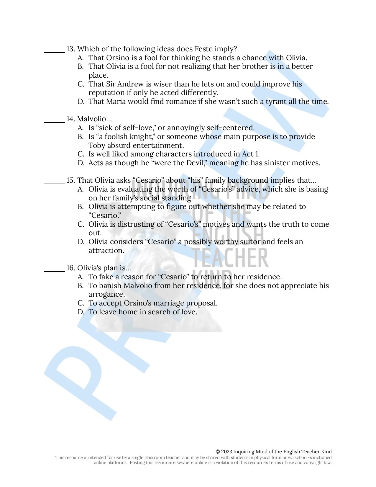 Twelfth Night Quiz and Answer Key Bundle for High School: Inquiring ...