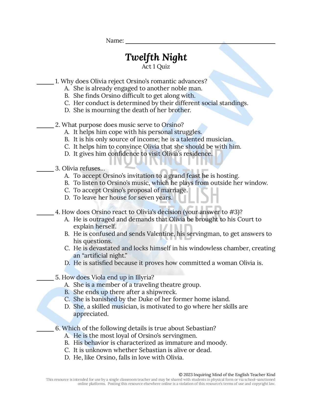Twelfth Night Quiz and Answer Key Bundle for High School: Inquiring ...