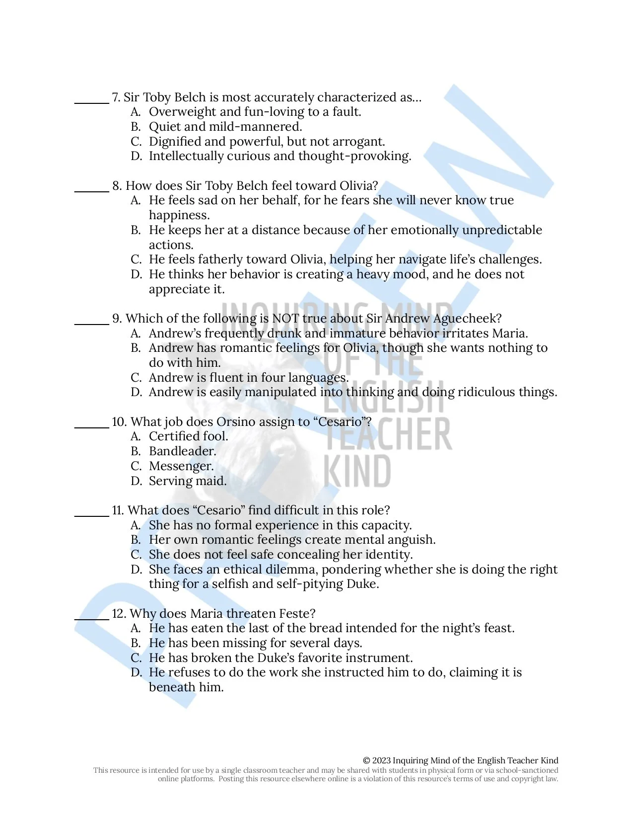 Twelfth Night Quiz and Answer Key Bundle for High School: Inquiring ...