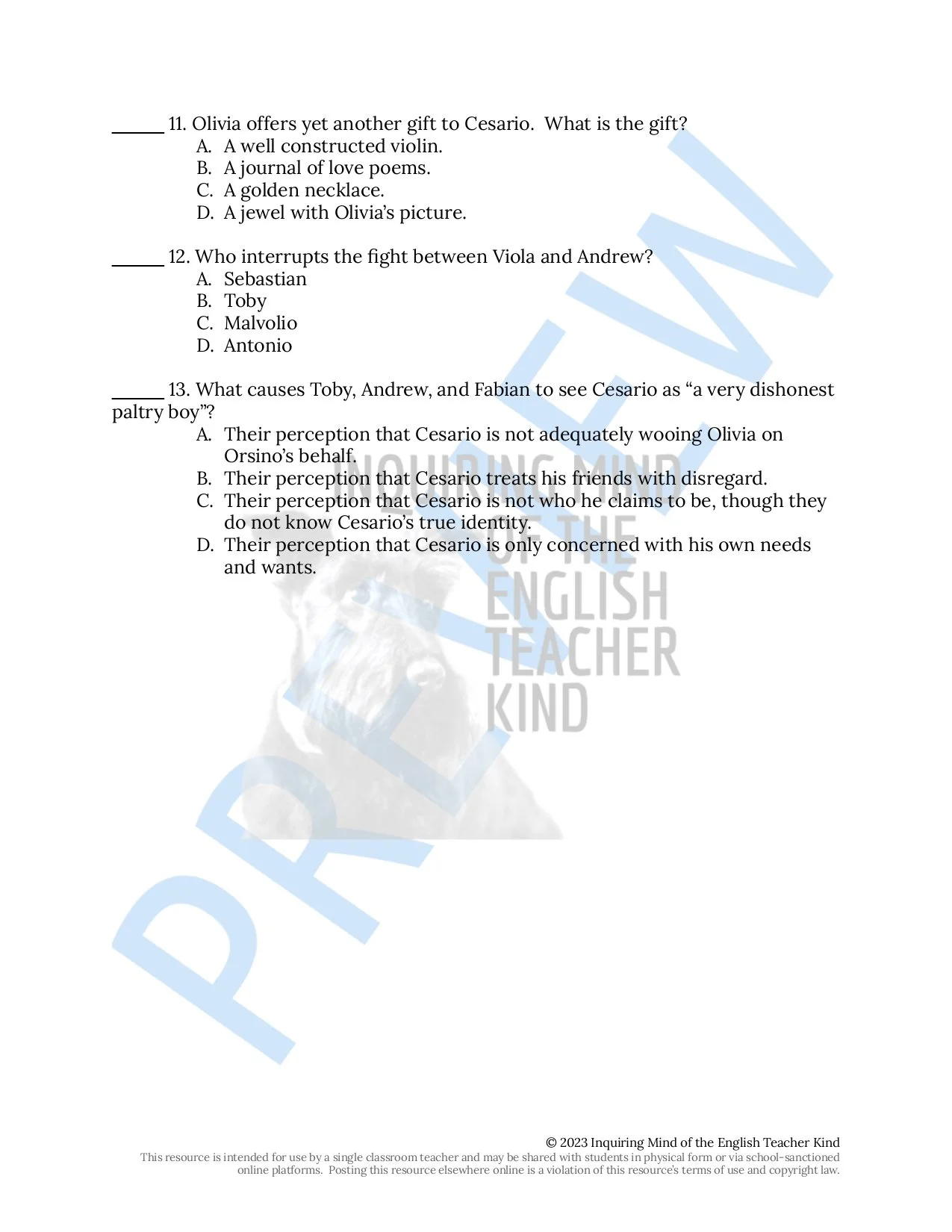Twelfth Night Quiz and Answer Key Bundle for High School: Inquiring ...