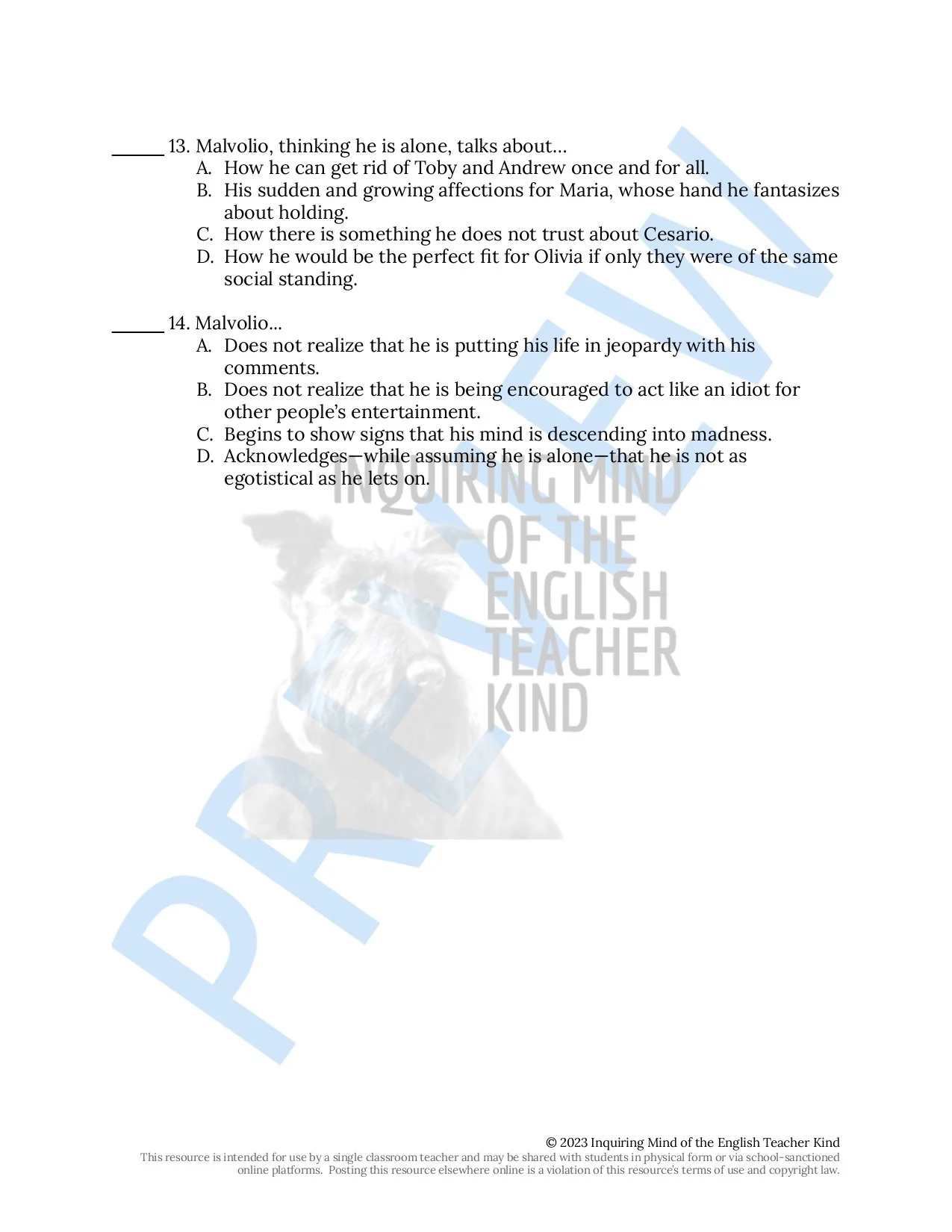 Twelfth Night Quiz and Answer Key Bundle for High School: Inquiring ...