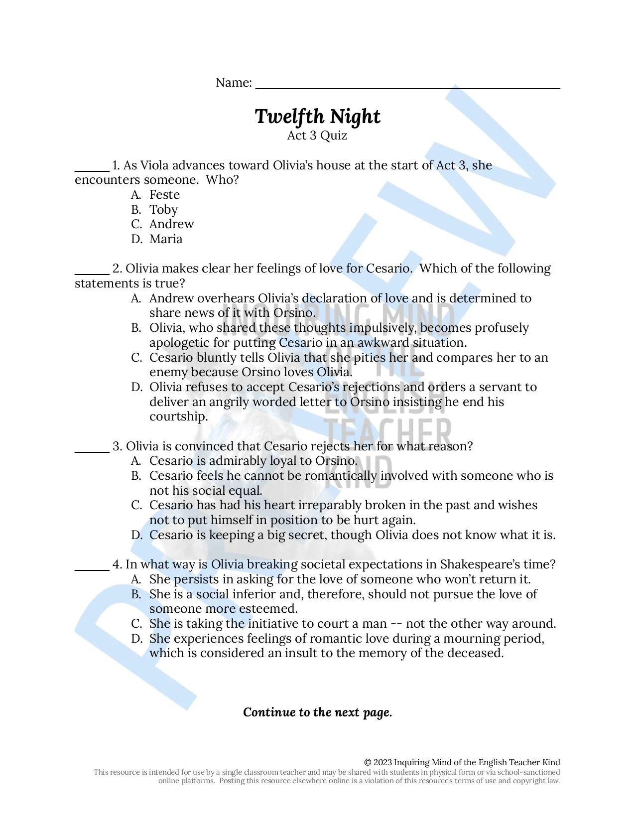Twelfth Night Quiz and Answer Key Bundle for High School: Inquiring ...