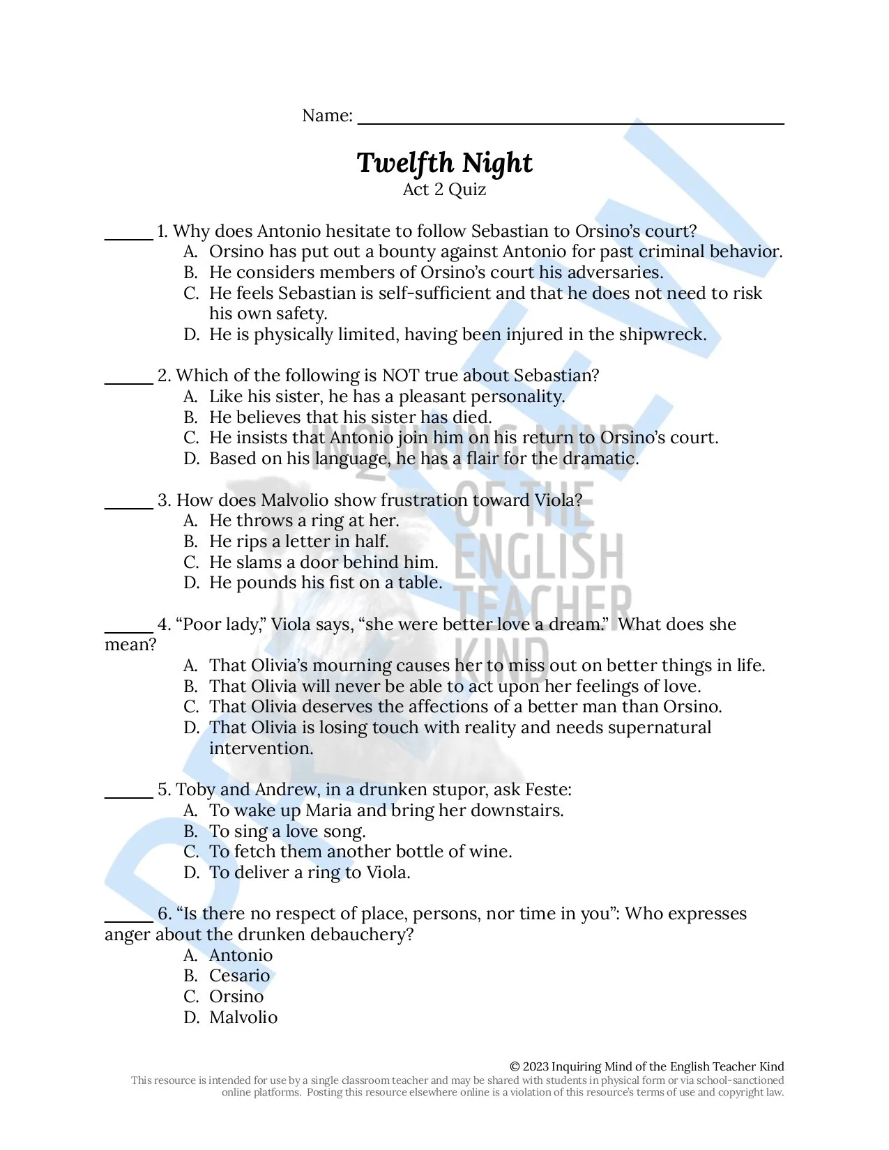 Twelfth Night Quiz and Answer Key Bundle for High School: Inquiring ...