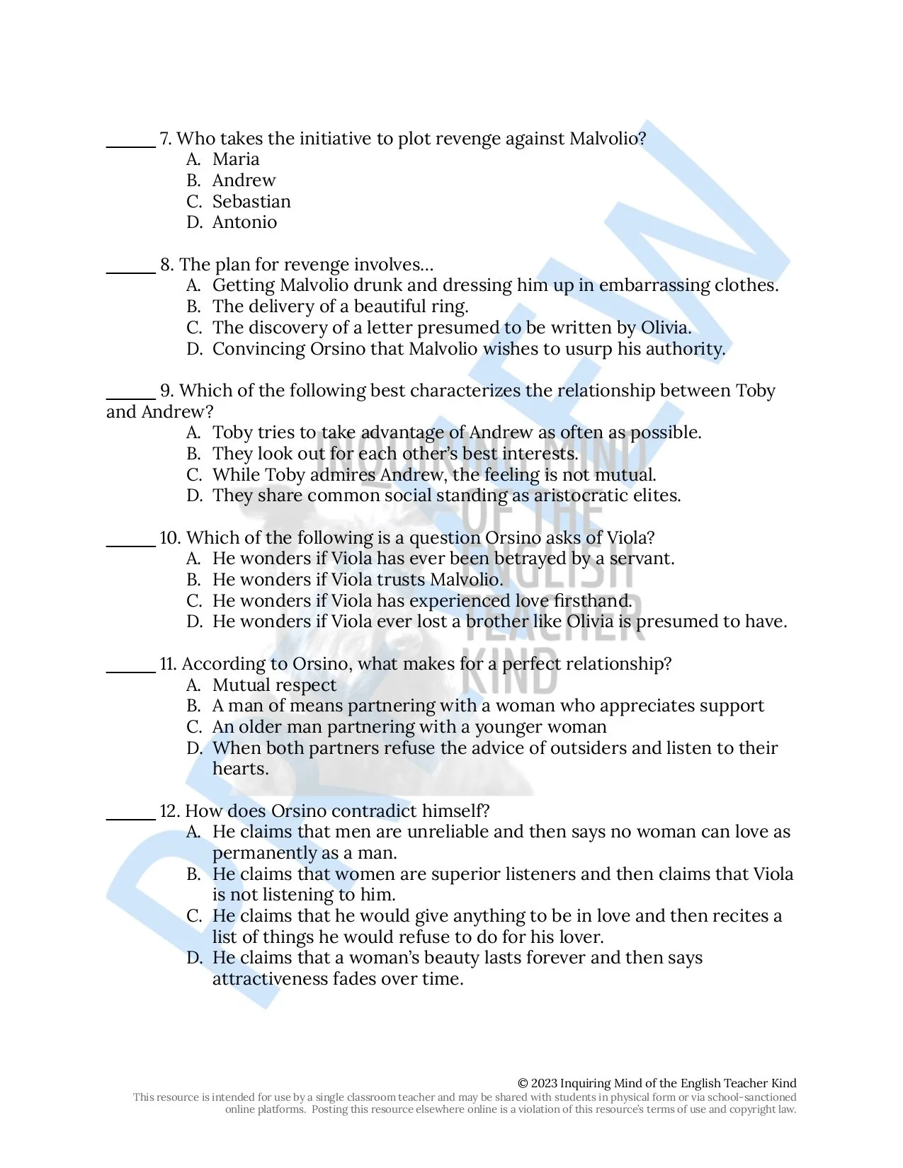 Twelfth Night Quiz and Answer Key Bundle for High School: Inquiring ...