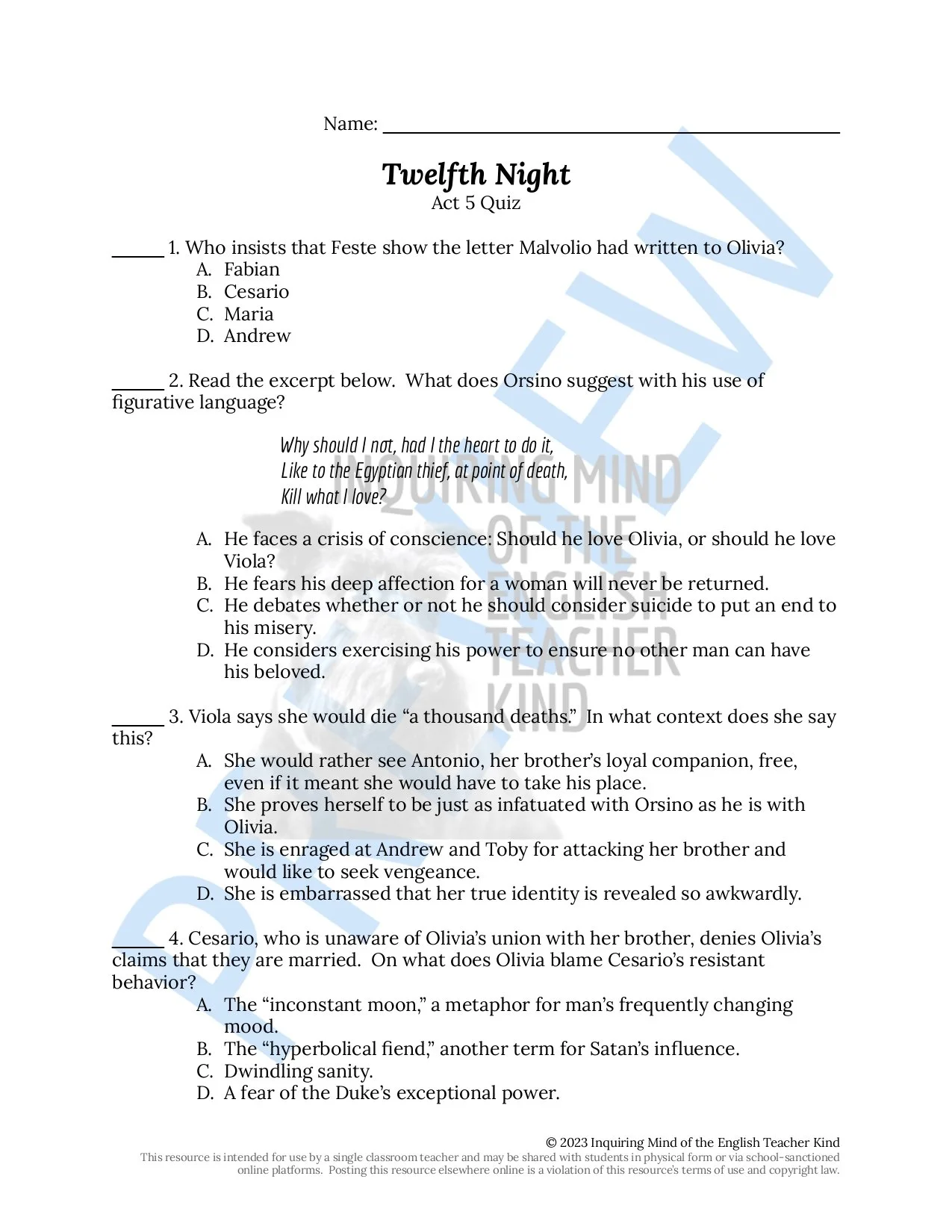 Twelfth Night Quiz and Answer Key Bundle for High School: Inquiring ...