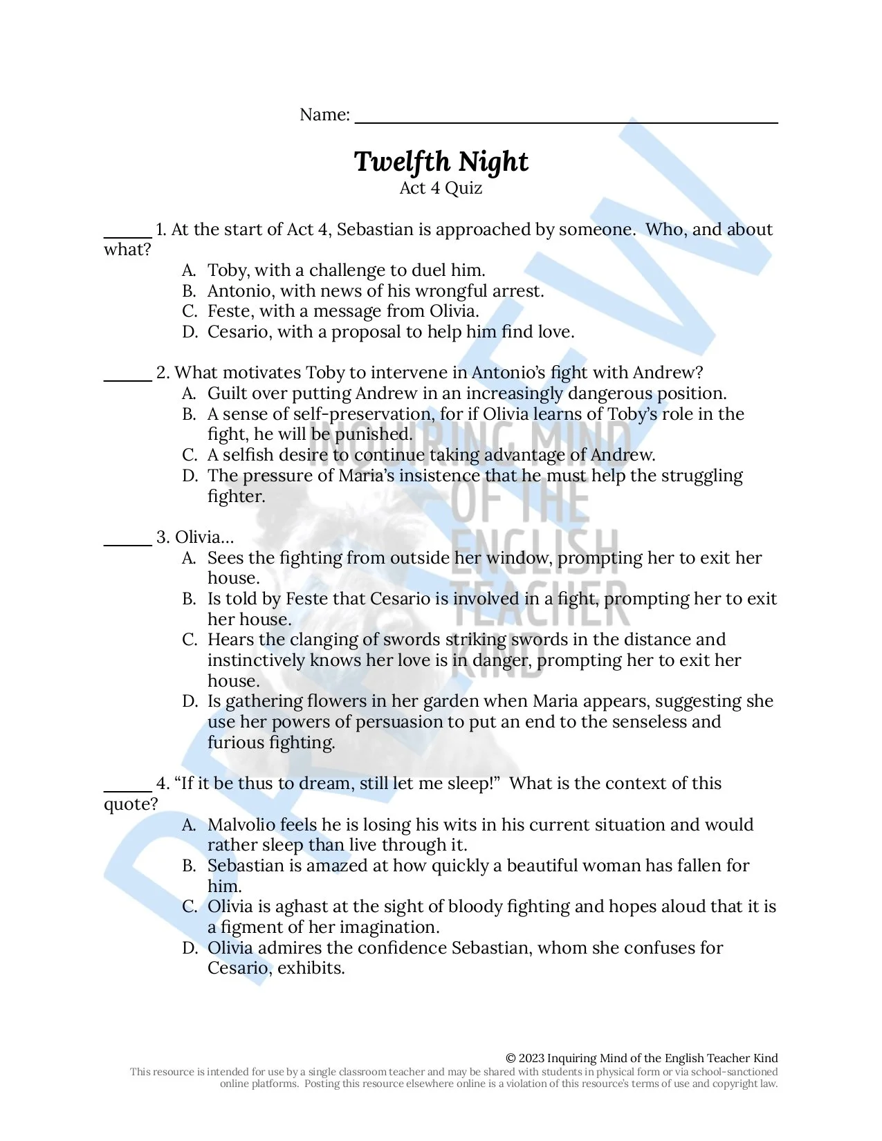 Twelfth Night Quiz and Answer Key Bundle for High School: Inquiring ...