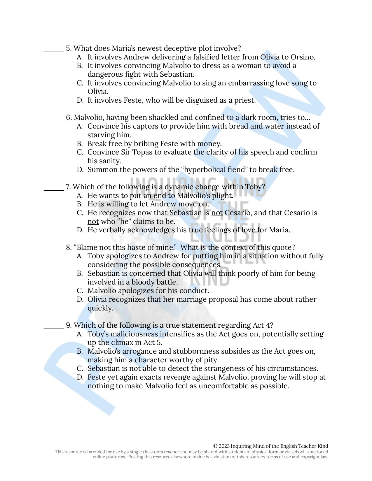 Twelfth Night Quiz and Answer Key Bundle for High School: Inquiring ...