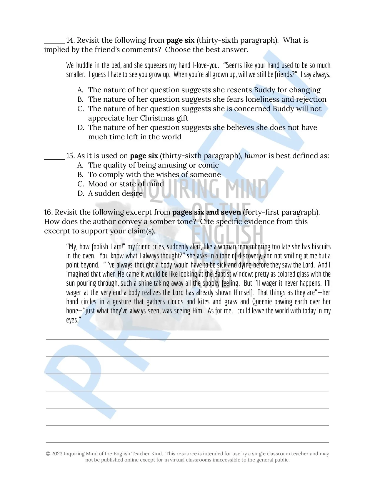 "A Christmas Memory" by Truman Capote Quiz, Close Reading Worksheet ...