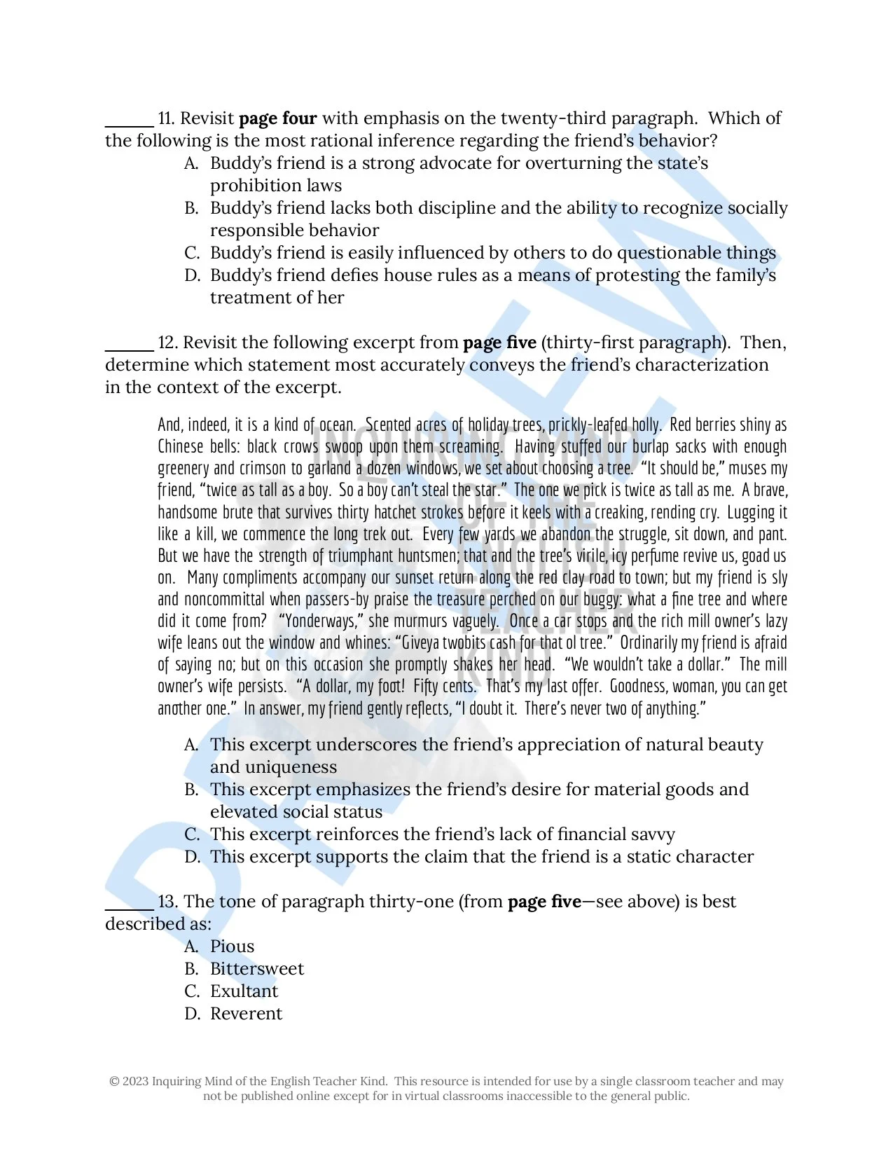"A Christmas Memory" by Truman Capote Quiz, Close Reading Worksheet ...
